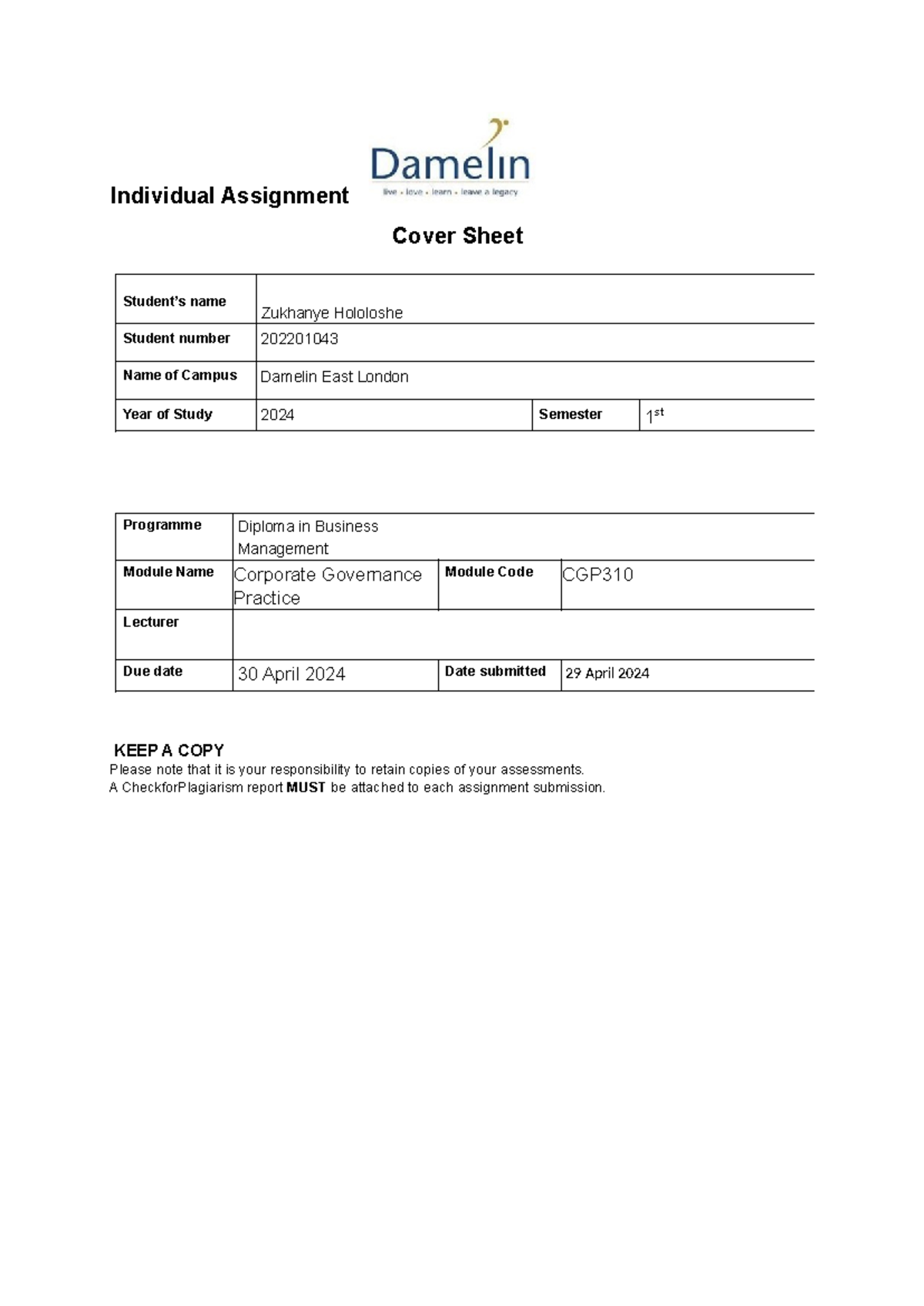 Corporate Governance - Individual Assignment Cover Sheet Student’s name ...
