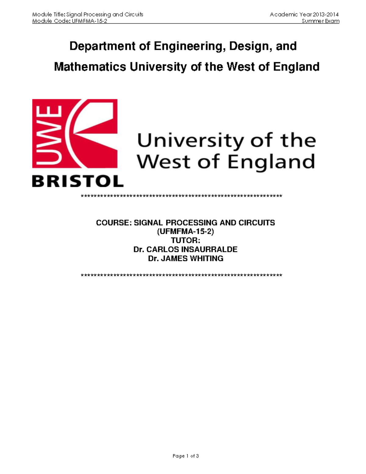 Summer Exam 2014 Formula Sheet - Module Code: UFMFMA-15-2 Summer Exam ...