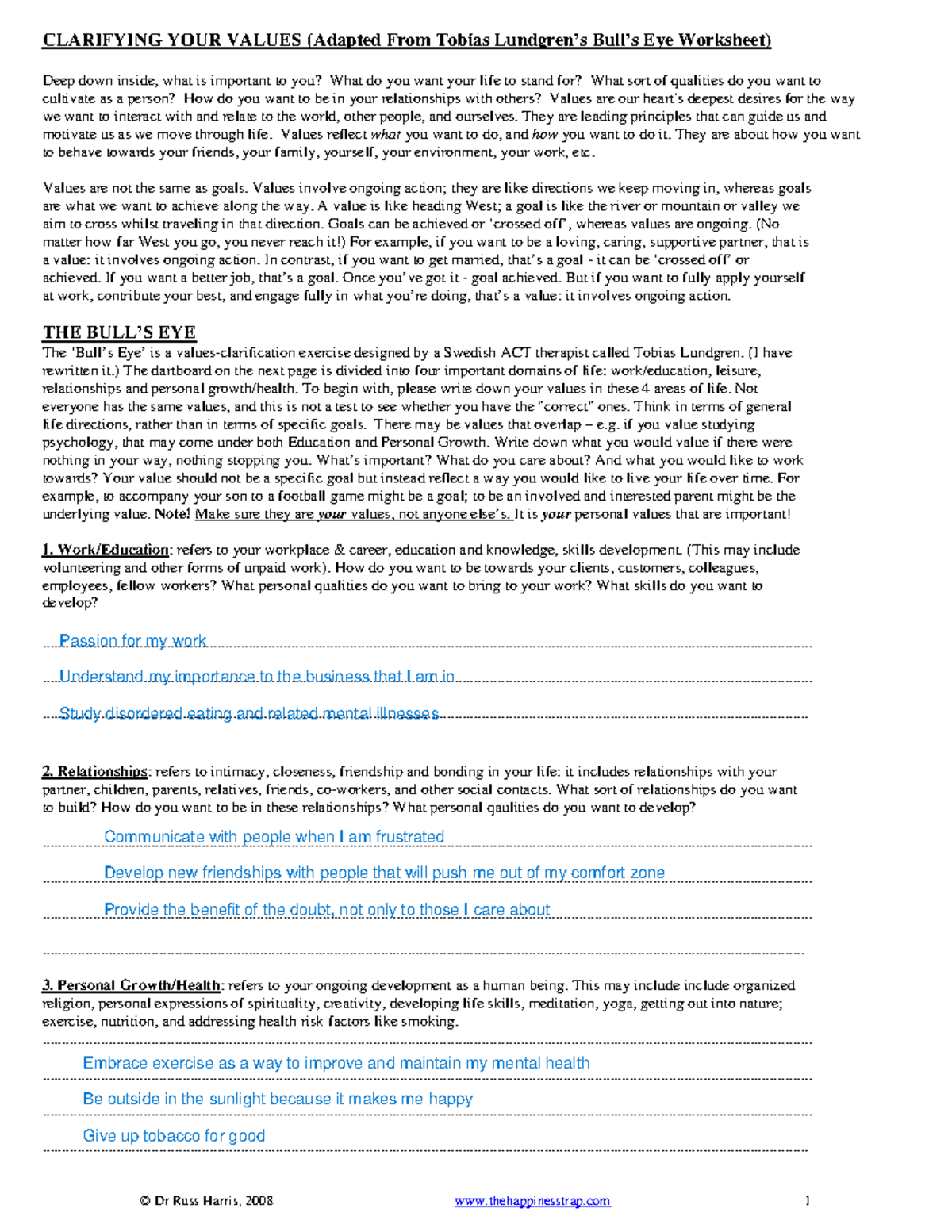 Long Bull s Eye Worksheet - CLARIFYING YOUR VALUES (Adapted From Tobias ...