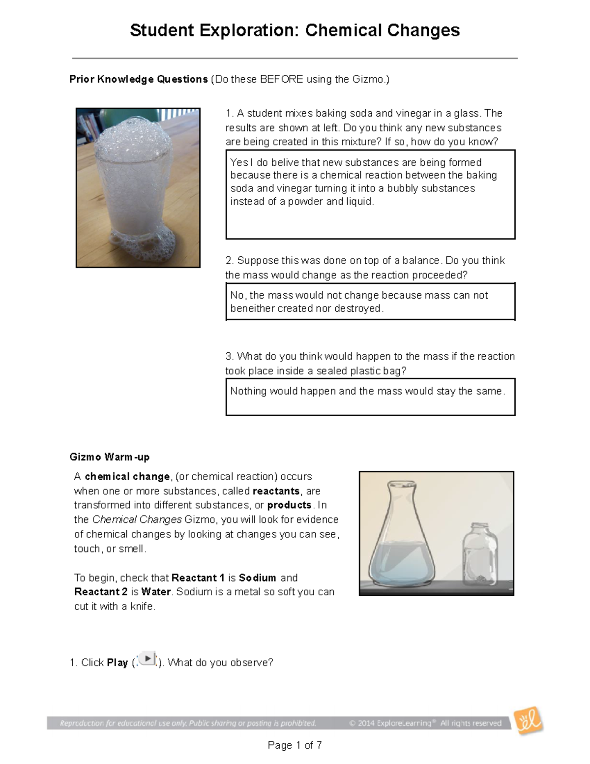 Copy of Student Exploration Chemical Changes - Prior Knowledge ...