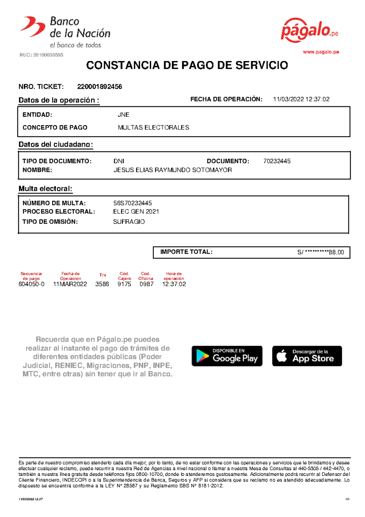 Constancia - hhjkkkkkkkkkkkkkkkk - CONSTANCIA DE PAGO DE SERVICIO RUC: 20100030595 pagalo FECHA ...