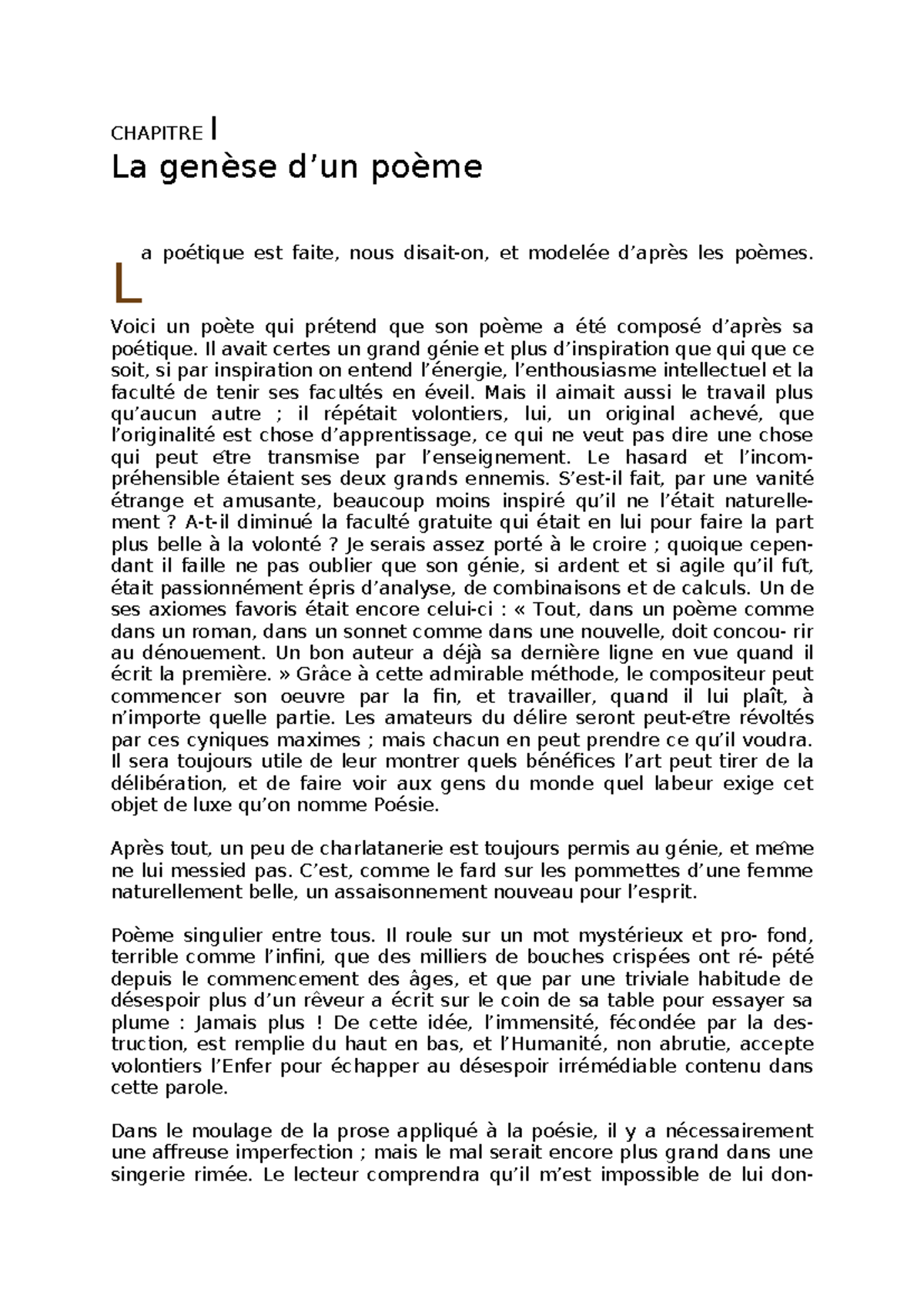 La Genèse d'un poème - Poe - CHAPITRE I La genèse d’un poème L a ...