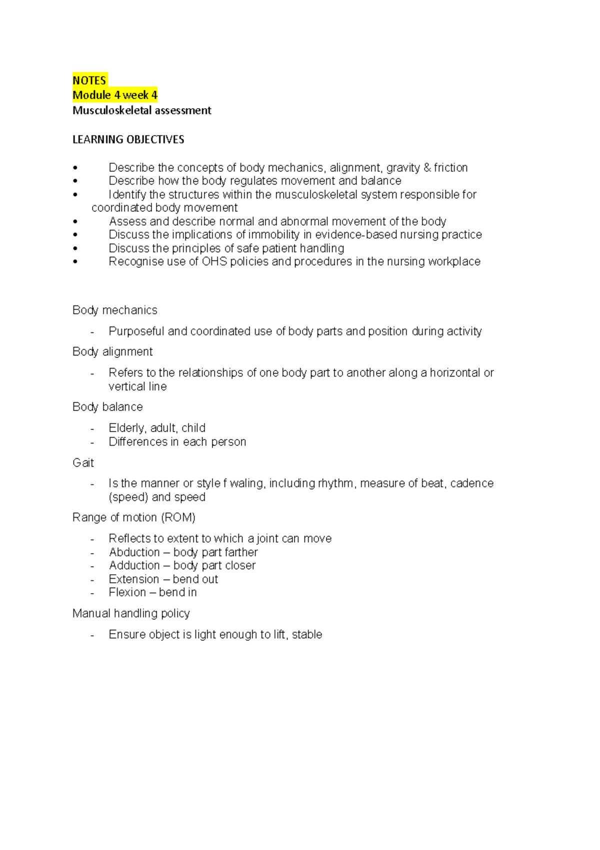 Notes module 4 week 4 - week 4 - NOTES Module 4 week 4 Musculoskeletal ...