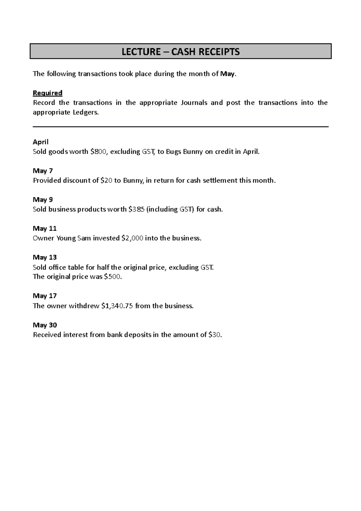 Lecture - Cash Receipts (Question) - LECTURE – CASH RECEIPTS The ...
