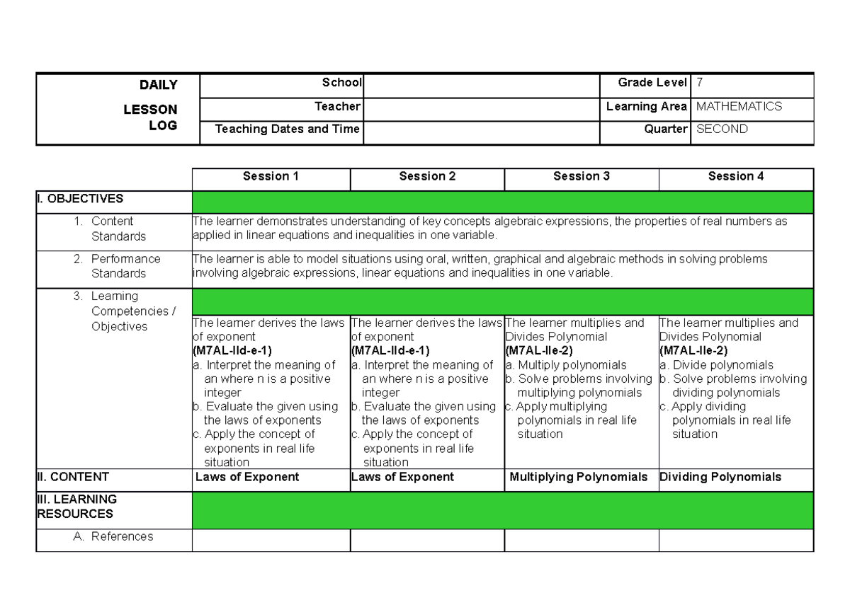 WEEK 5 - Daily Lesson Log Grade 7 Mathematics Quarter 2 - DAILY LESSON ...