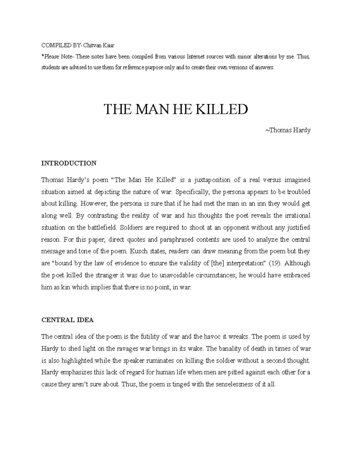 THE MAN HE Killed notes - COMPILED BY- Chitvan Kaur *Please Note- These ...