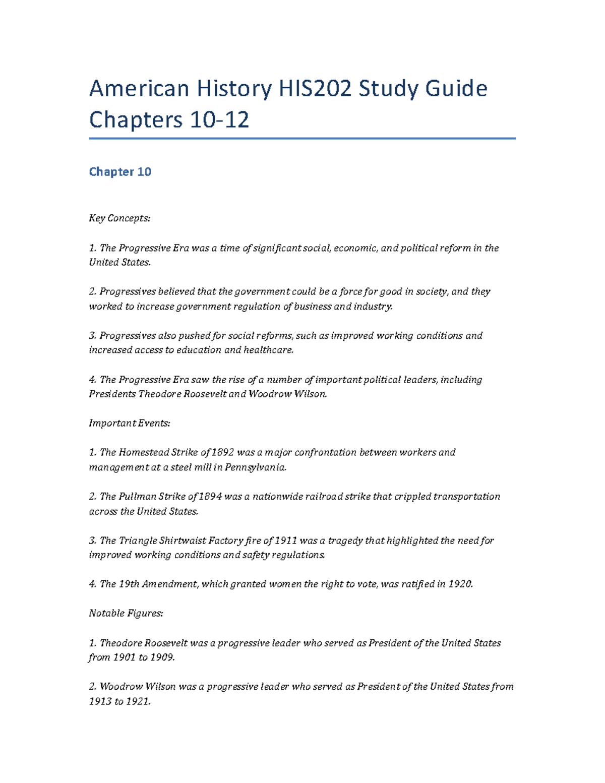 American History HIS202 Study Guide Chapters 10-12 - American History ...