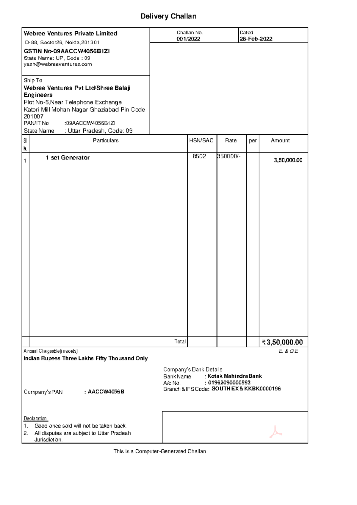 Delivery Challan 050052 - Delivery Challan Webree Ventures Private ...