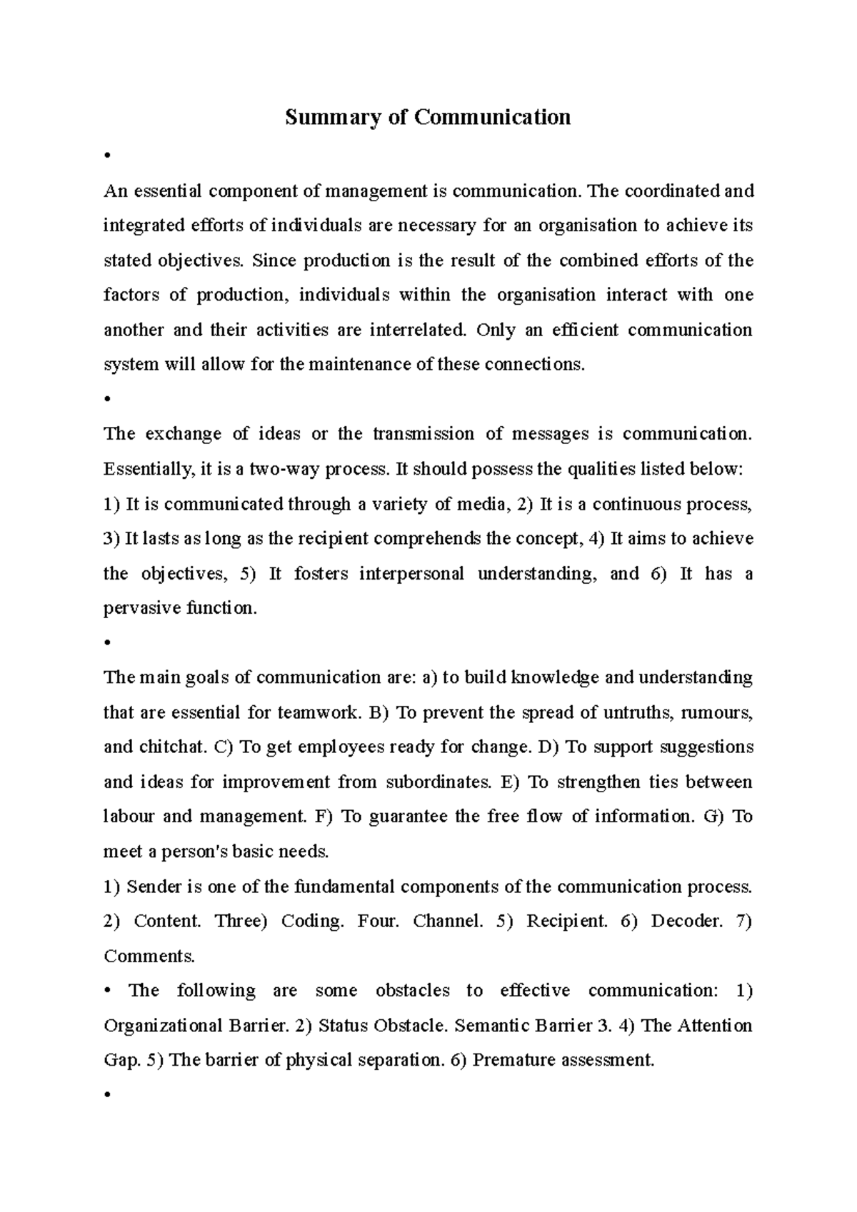 Summary of Communication - Summary of Communication • An essential ...