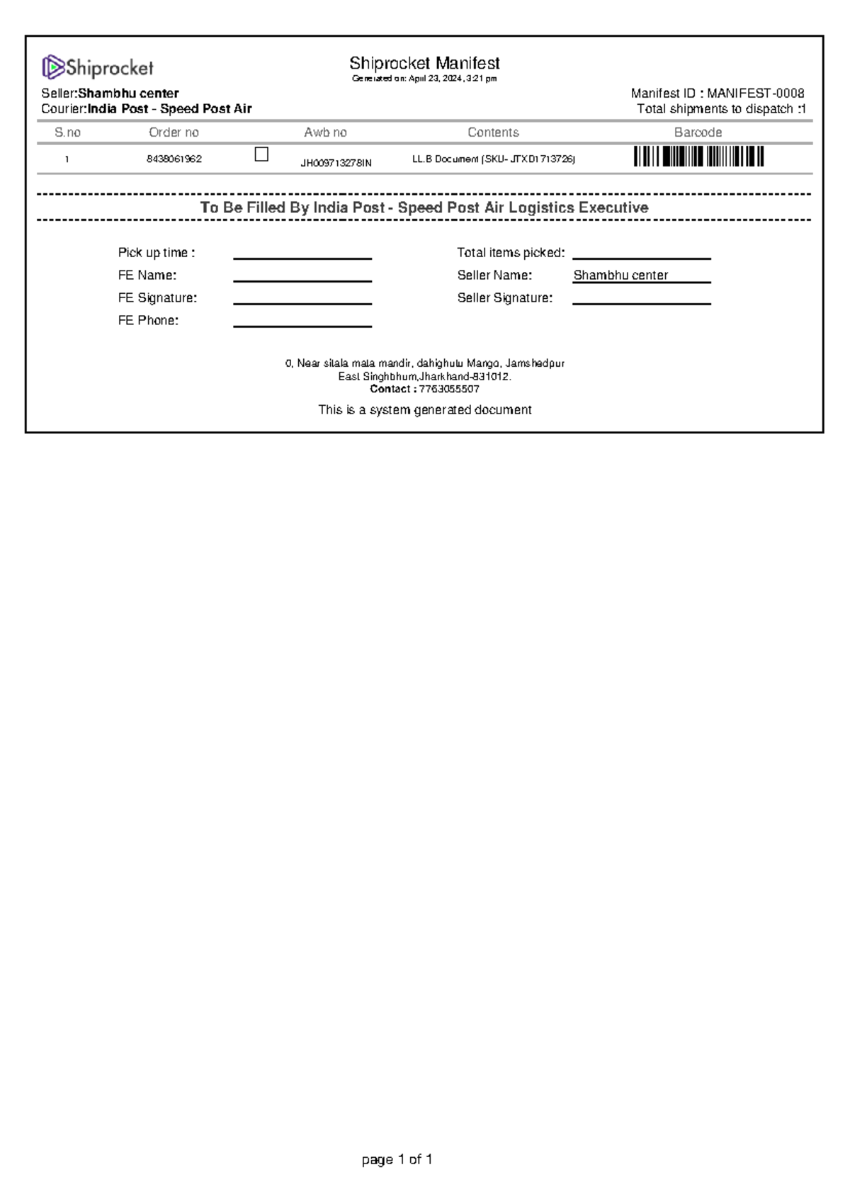 Manifest-0008 - OKK - Shiprocket Manifest Generated on: April 23, 2024 ...