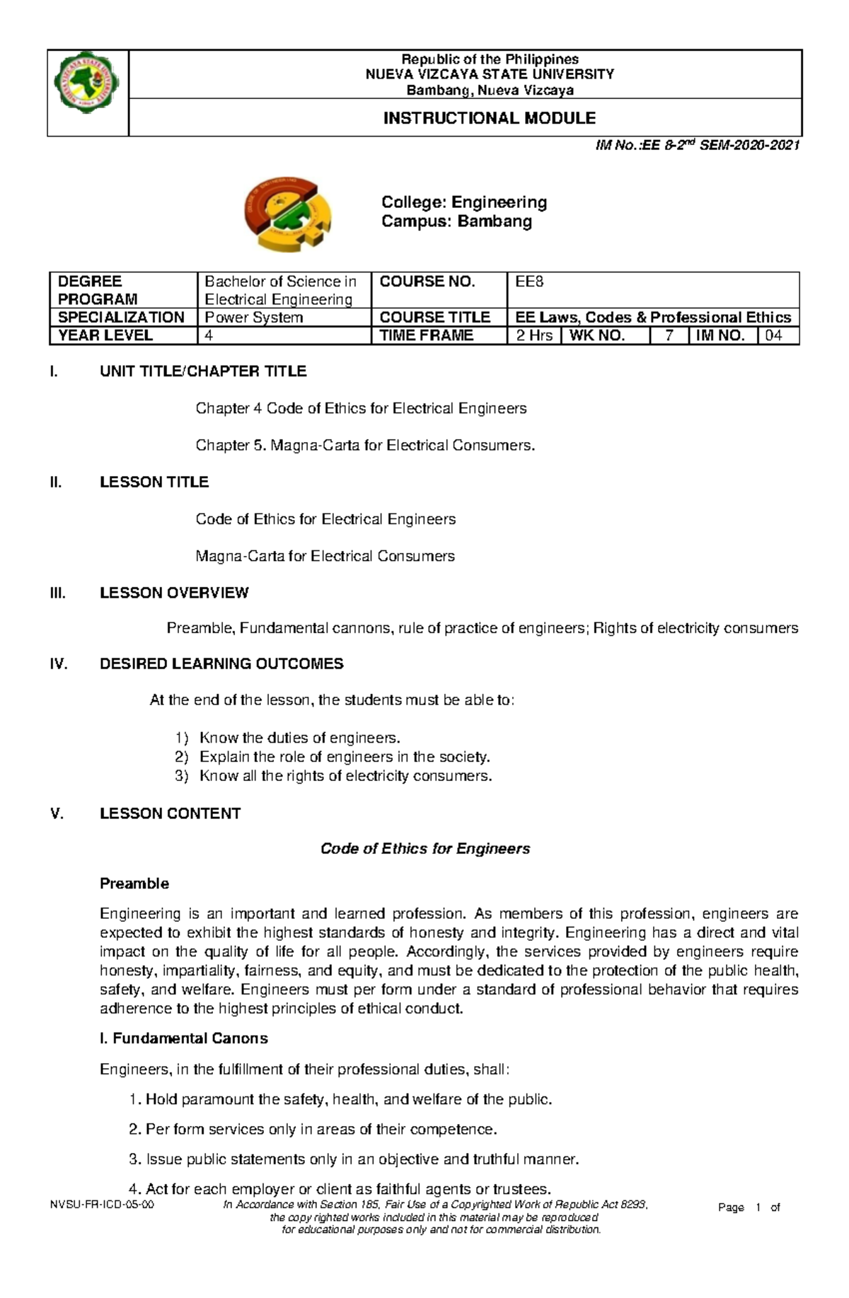 Electrical engineering laws - NUEVA VIZCAYA STATE UNIVERSITY Bambang ...