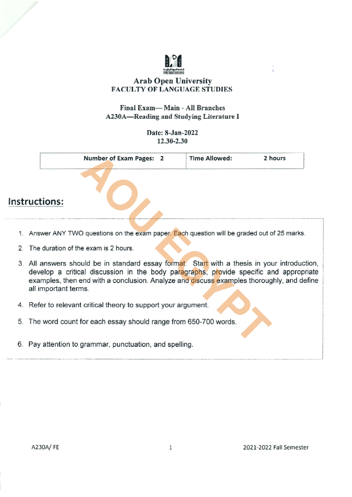 A230A Final Fall 2022 - Some notes and slides - Past and Present - AOU ...