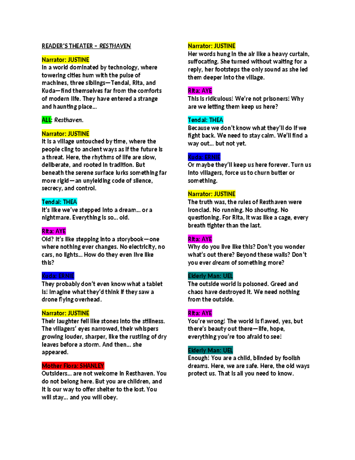 Readers- Theater - READER'S THEATER – RESTHAVEN Narrator: JUSTINE In a ...