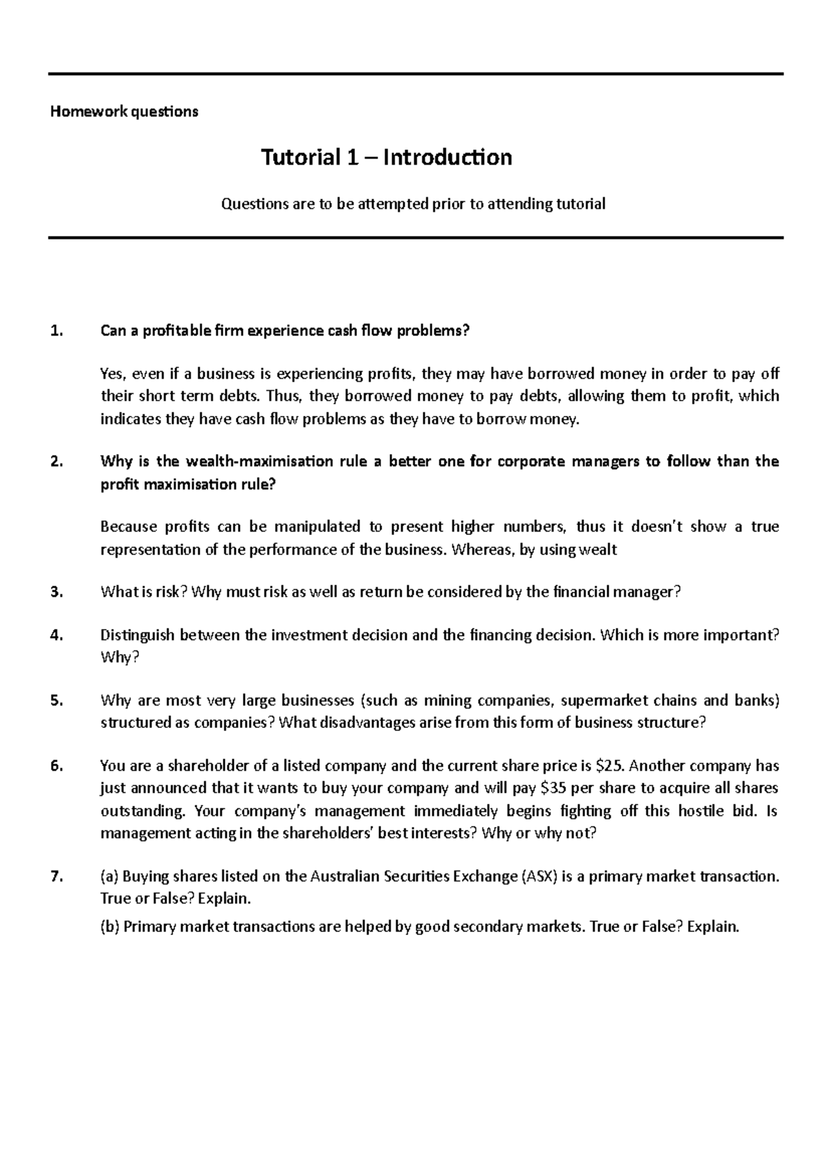 Tutorial 1 - Homework Questions for FBF - Homework questions Tutorial 1 ...