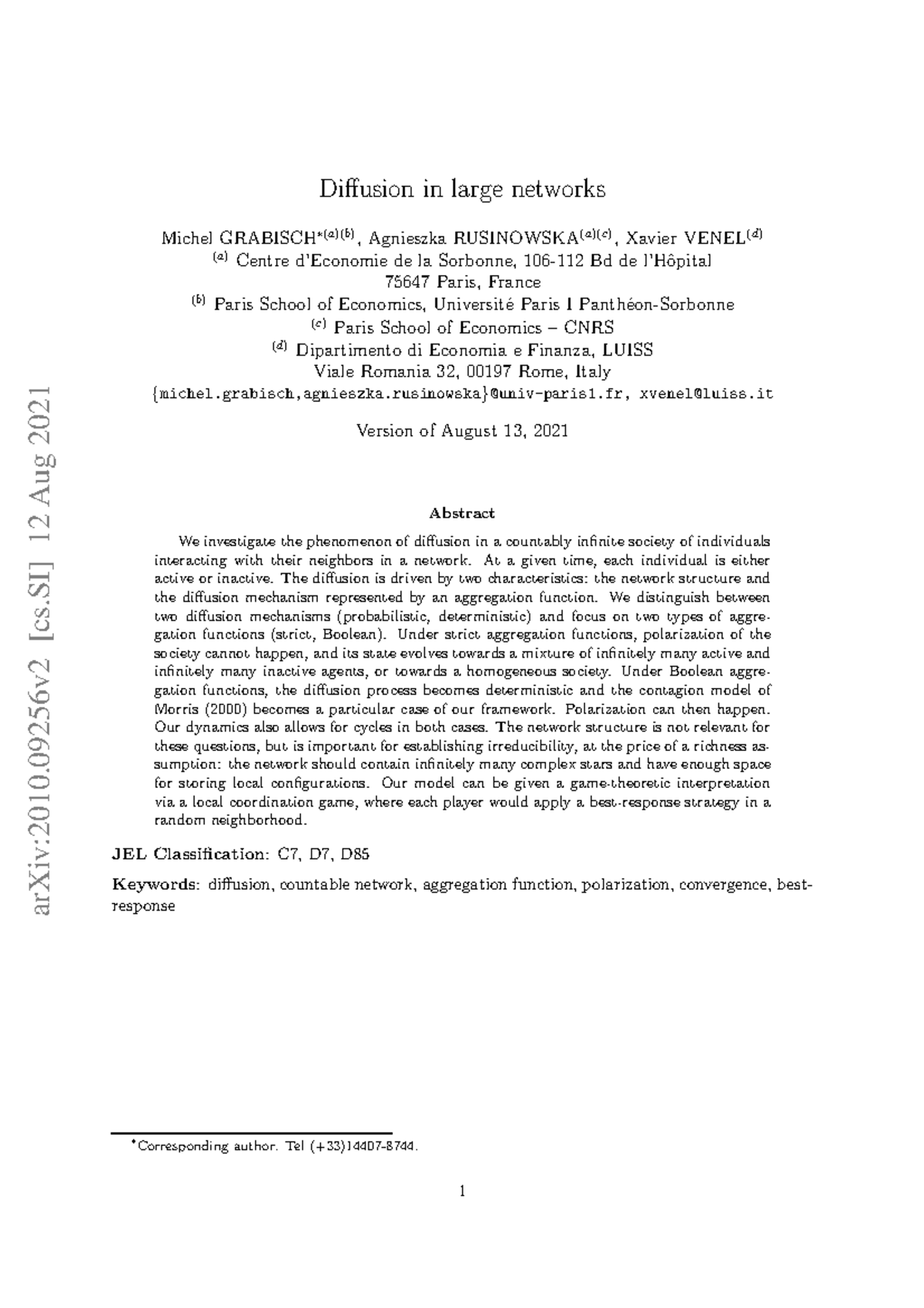 Diffusion in large networks - arXiv:2010 [cs] 12 Aug 2021 Diffusion in ...
