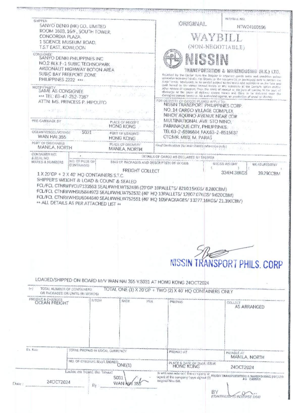 samplesamplesample - WAYBILL NO. SHIPPER ORIGINAL SANYO DENKI (HK) CO ...