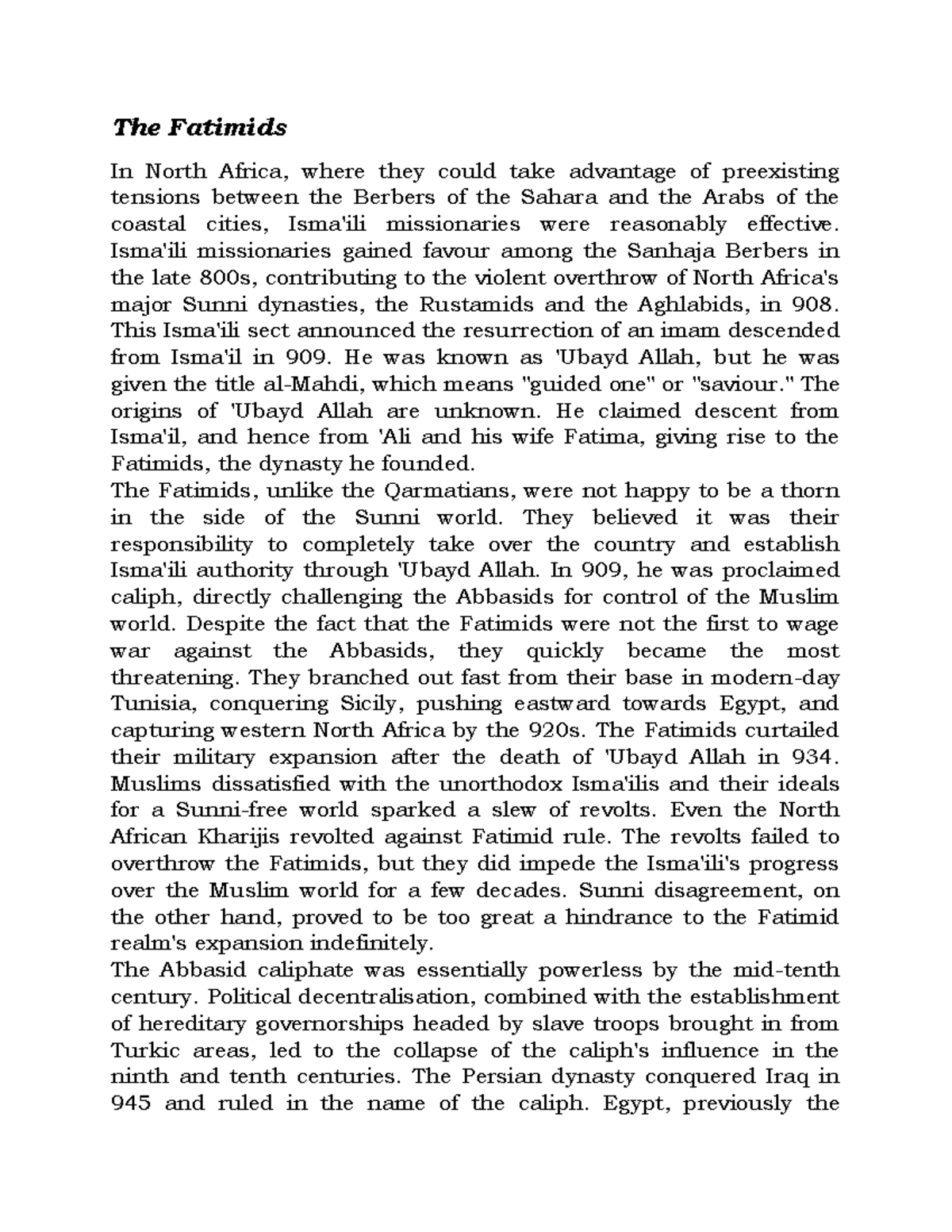 The Fatimids - Lecture notes 2 - The Fatimids In North Africa, where ...