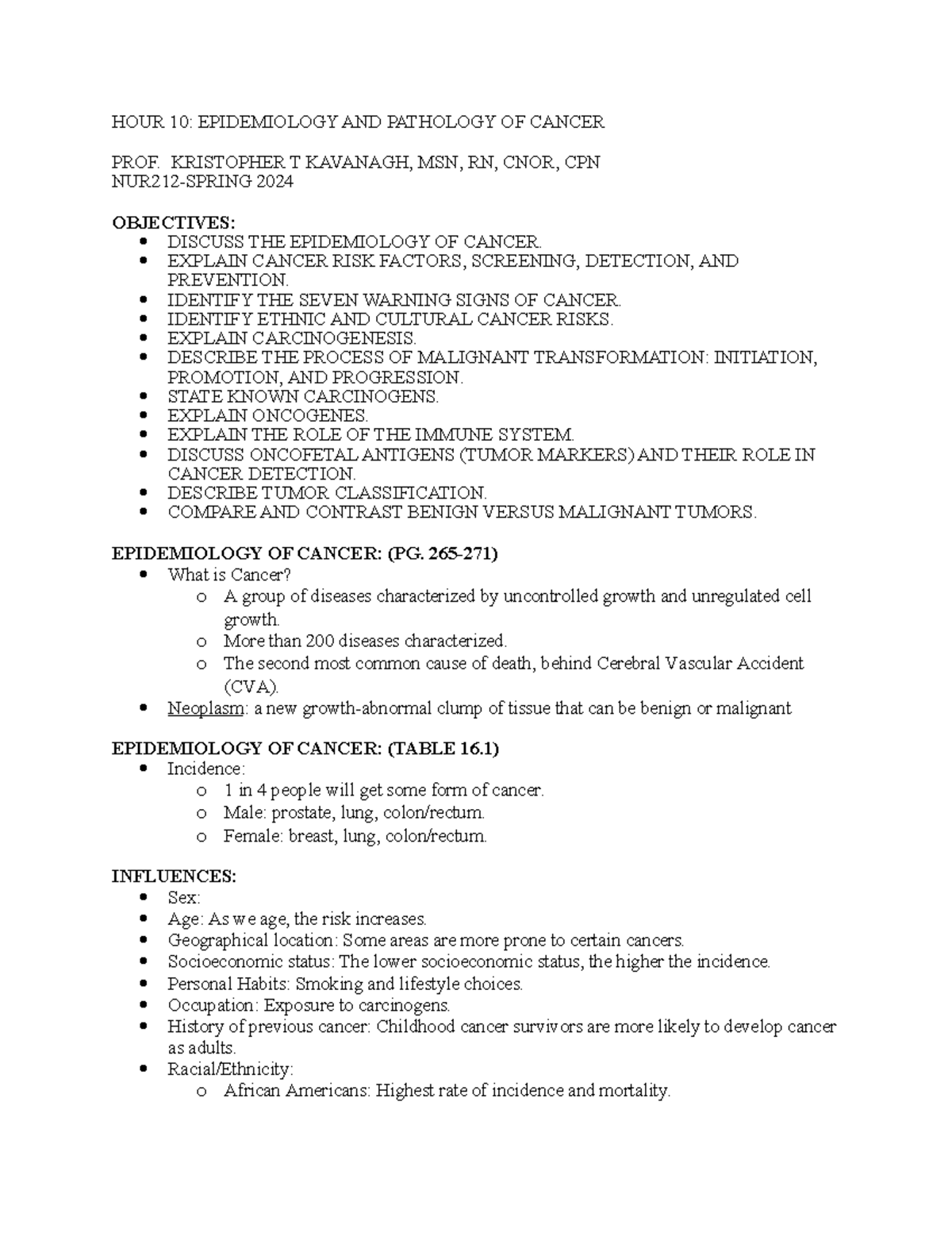 Oncology HOUR 10 Notes- Updated - HOUR 10: EPIDEMIOLOGY AND PATHOLOGY ...