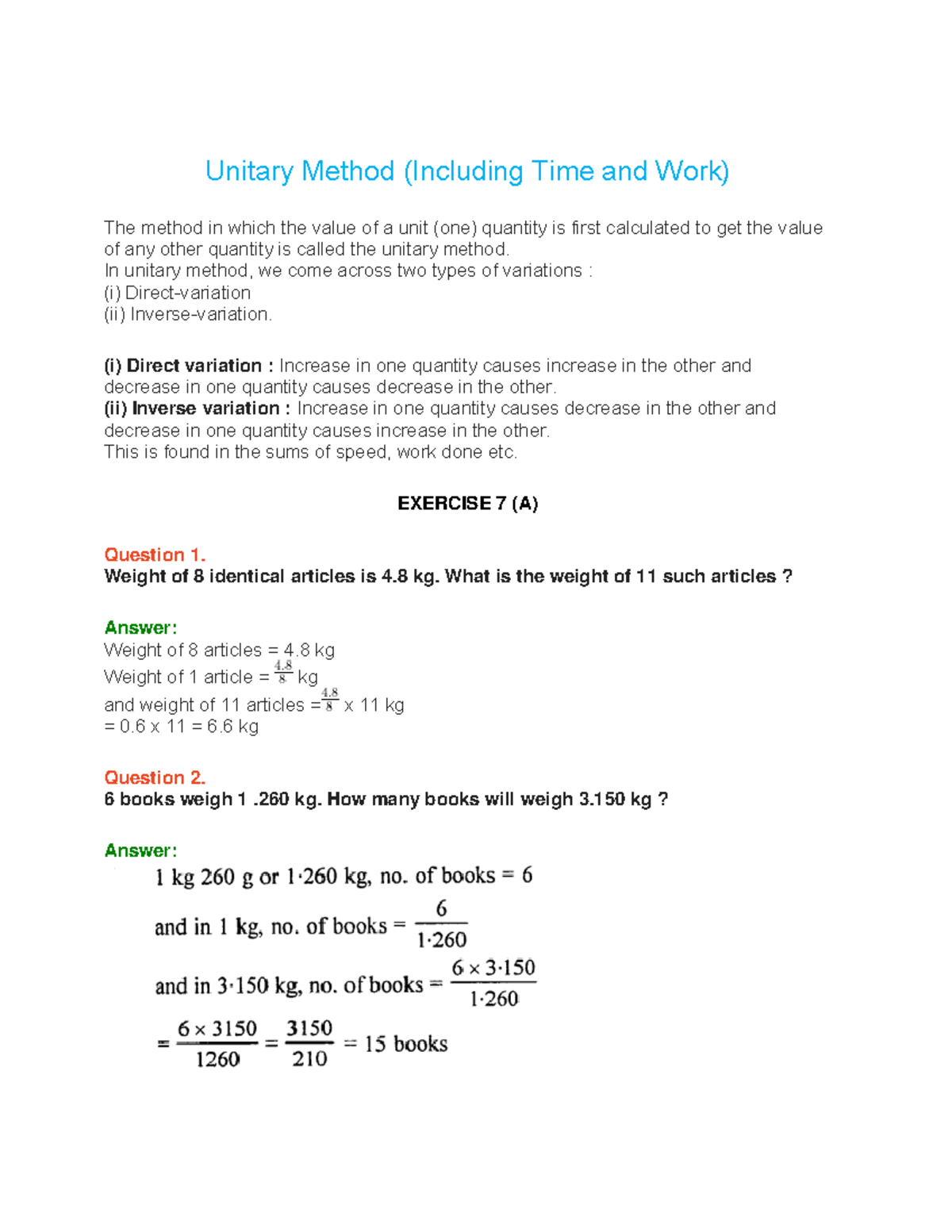 Unitary Method (Including Time and Work) - ncertbooksolutions Unitary ...