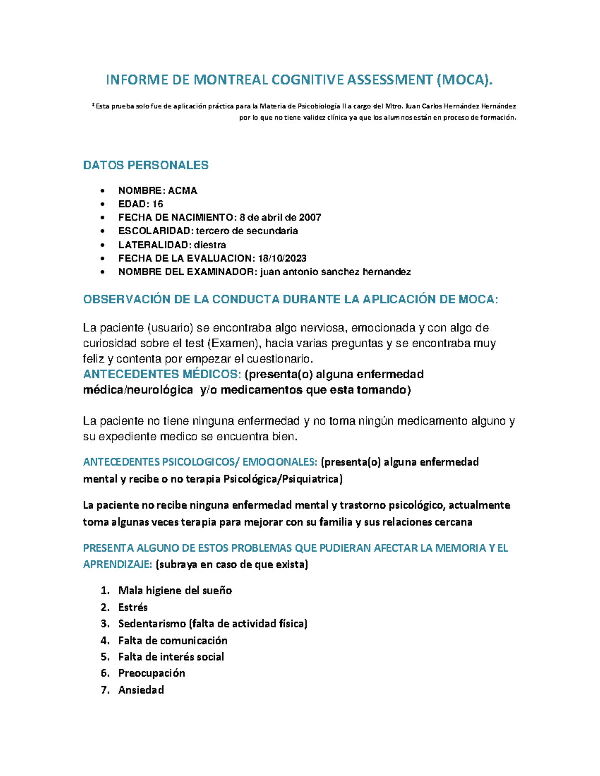 Informe PARA LA Aplicación DE MOCA - INFORME DE MONTREAL COGNITIVE ...