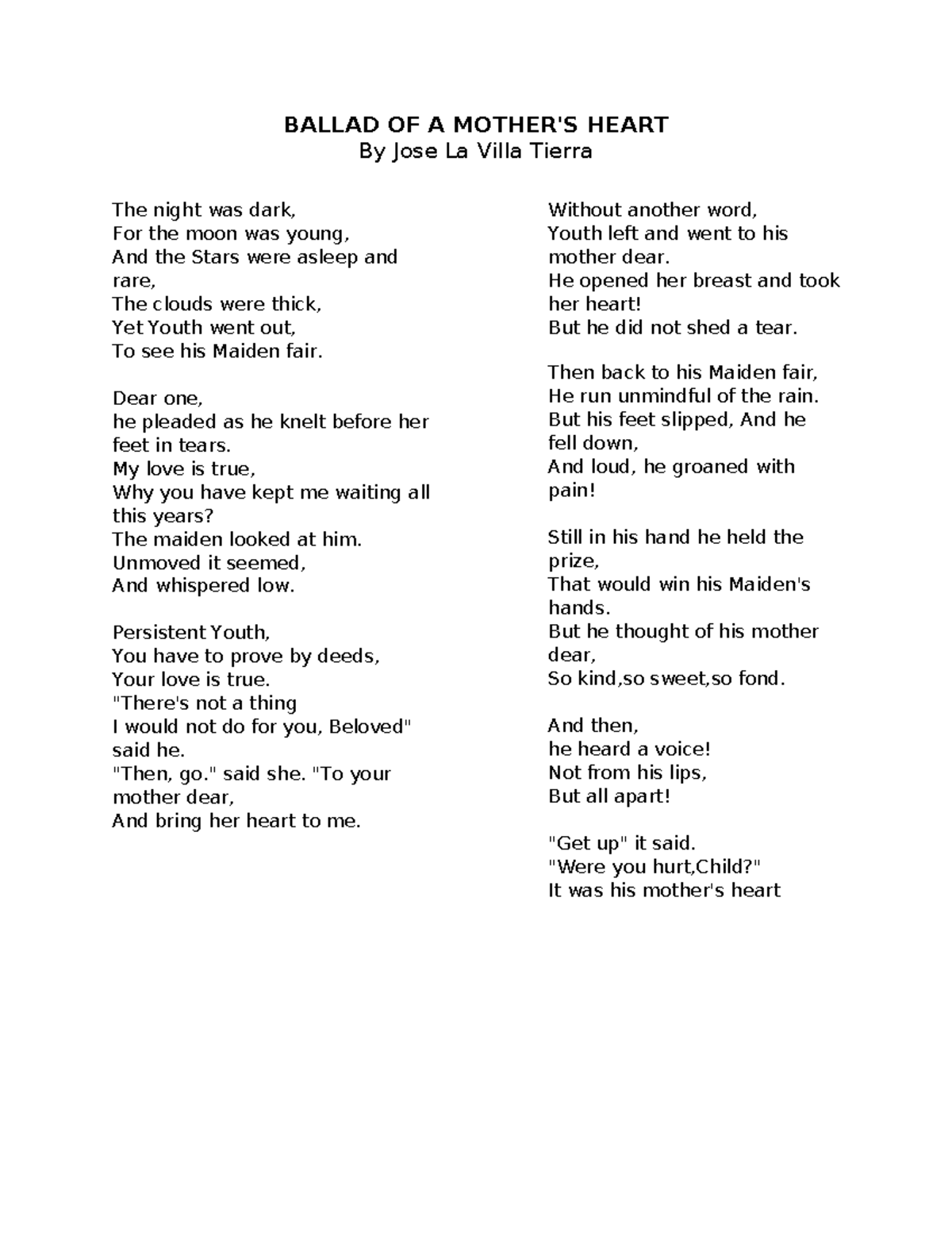 Ballad OF A Mother'S Heart - BALLAD OF A MOTHER'S HEART By Jose La ...