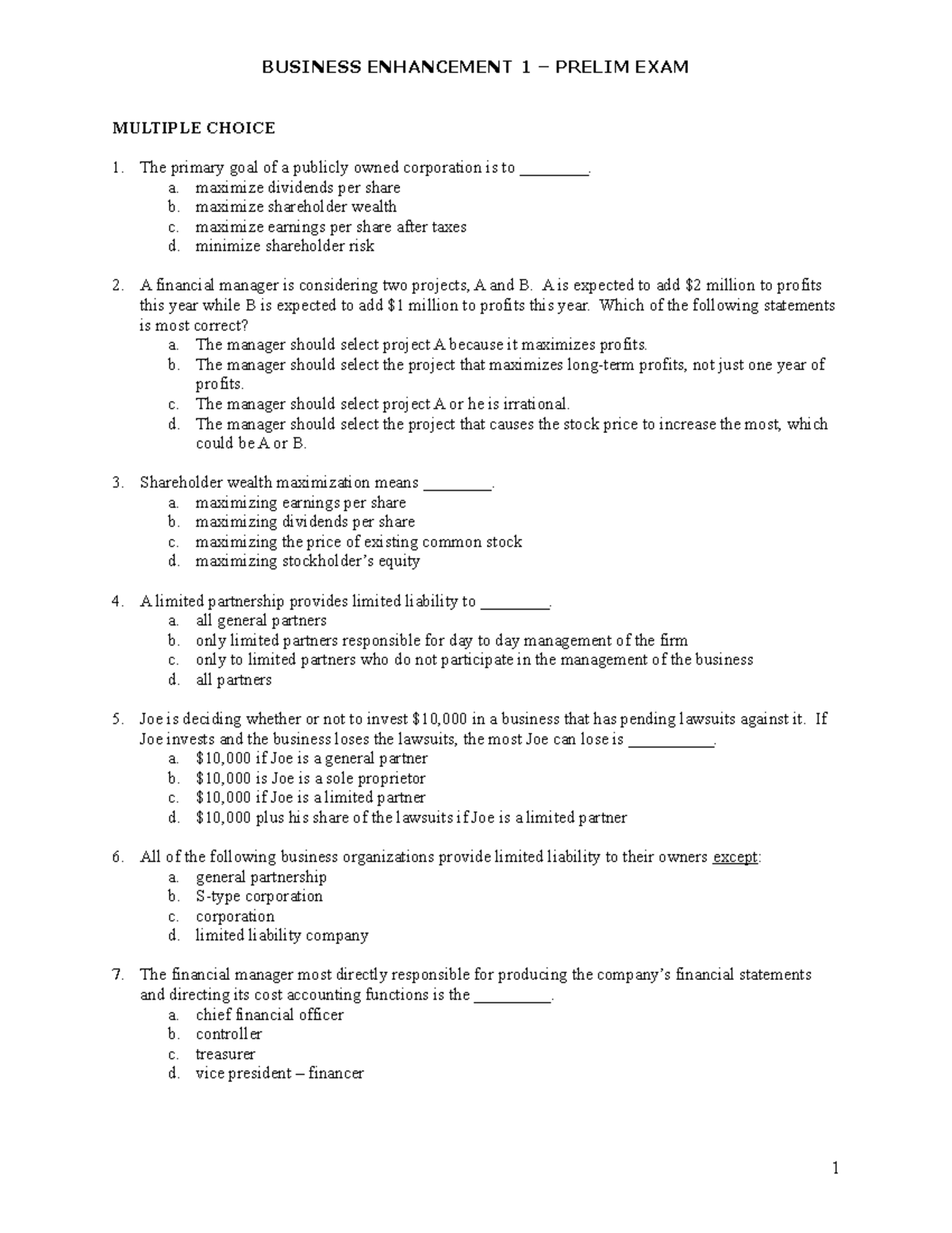 Preliminary Exam Reviewer - Business Enhancement 1: Business Economics ...
