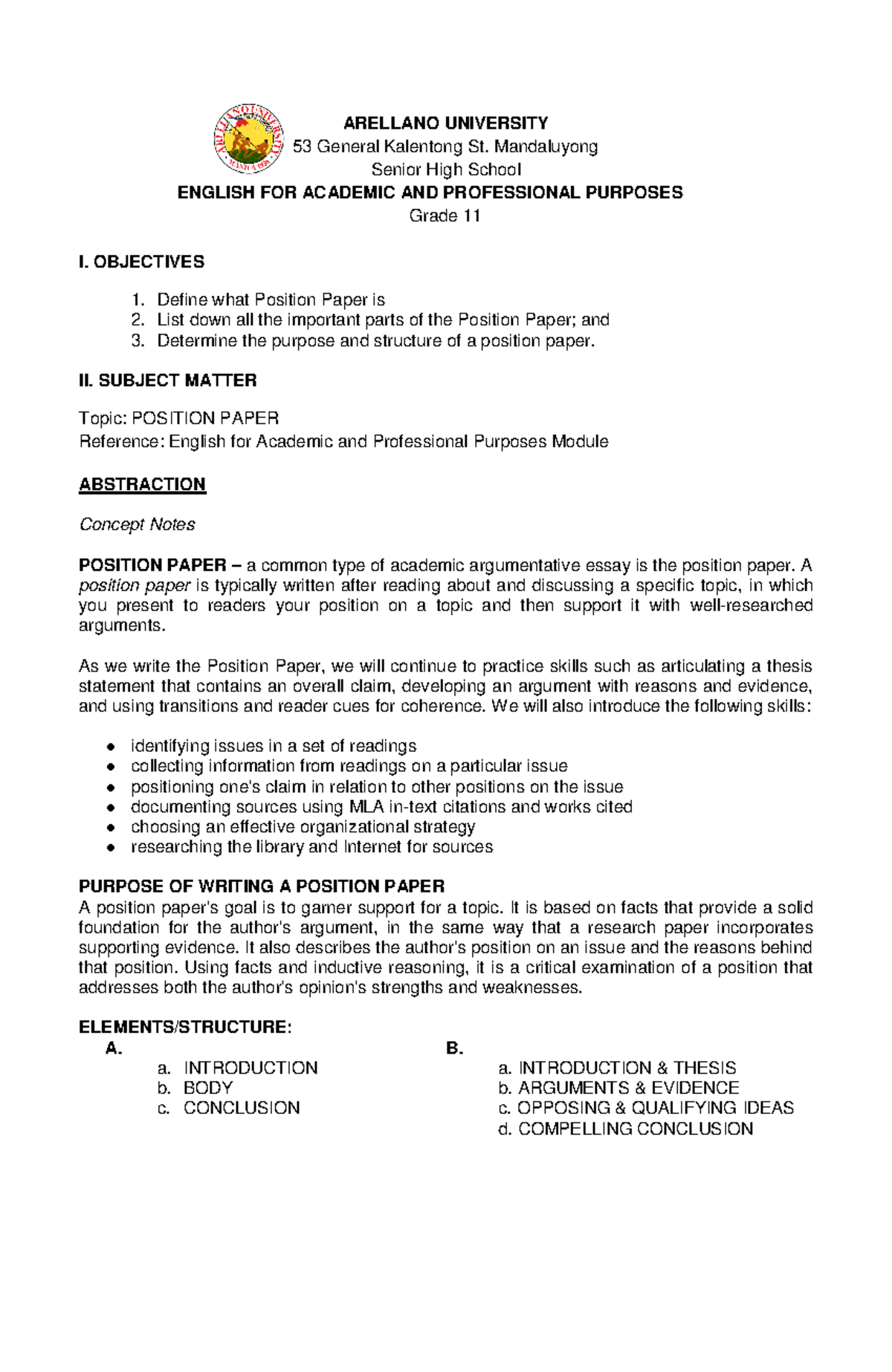 EAPP Writing a Position Paper - ARELLANO UNIVERSITY 53 General ...