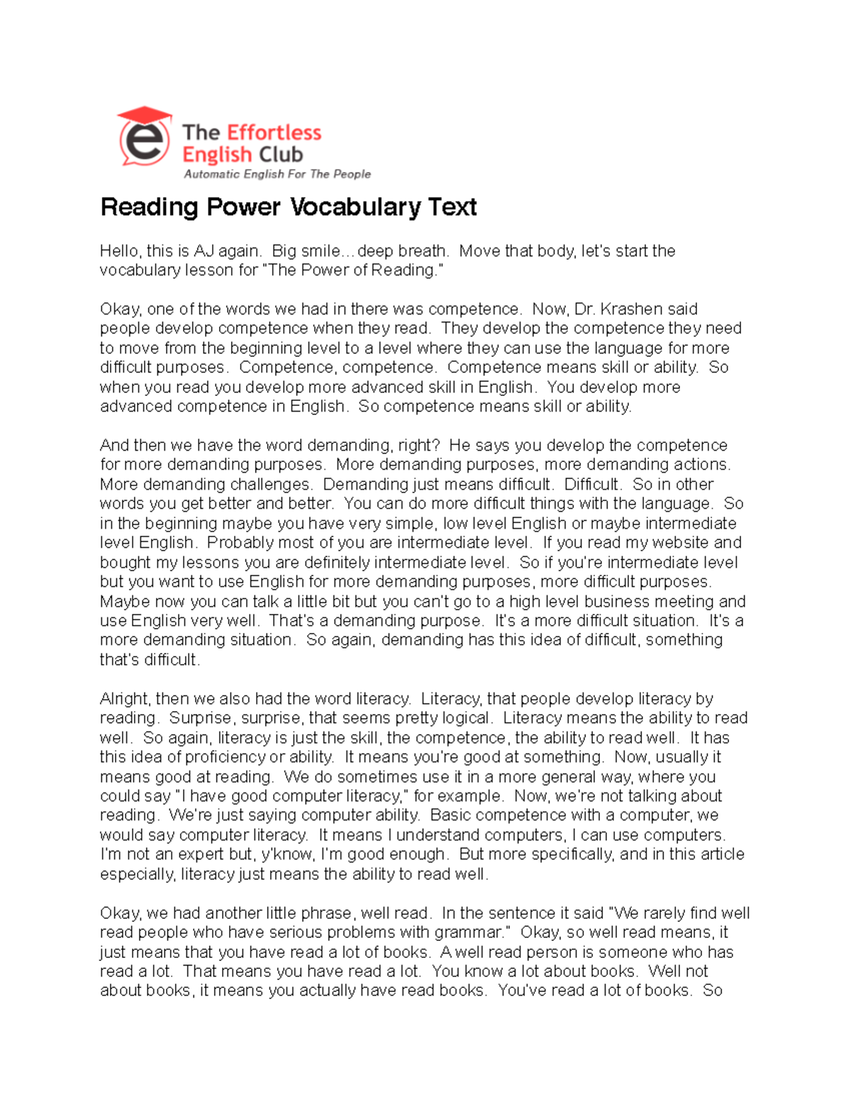 Reading Power Vocabulary Text - Reading Power Vocabulary Text Hello ...