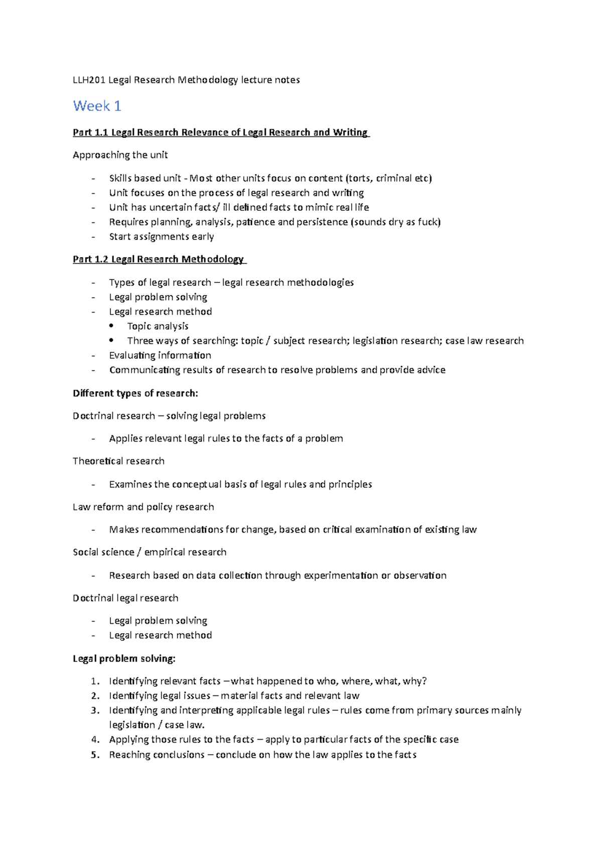 LLH201 Legal Research lecture notes Week 1 - LLH201 Legal Research ...