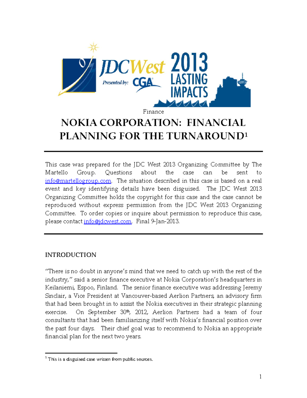 Jdcw finance case 2013 - JDC West Practice Case - Finance NOKIA ...