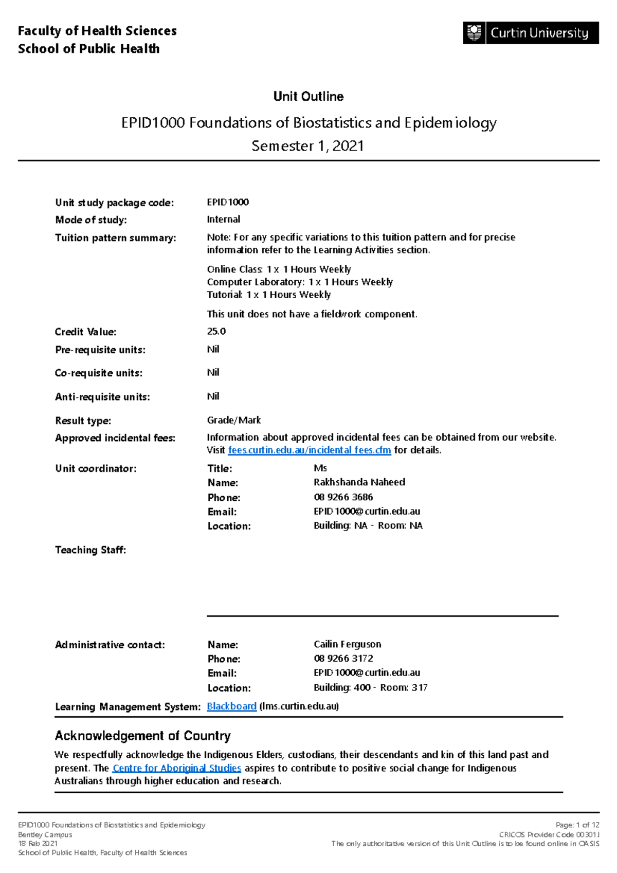 EPID1000 Foundations of Biostatistics and Epidemiology Semester 1 2021 ...