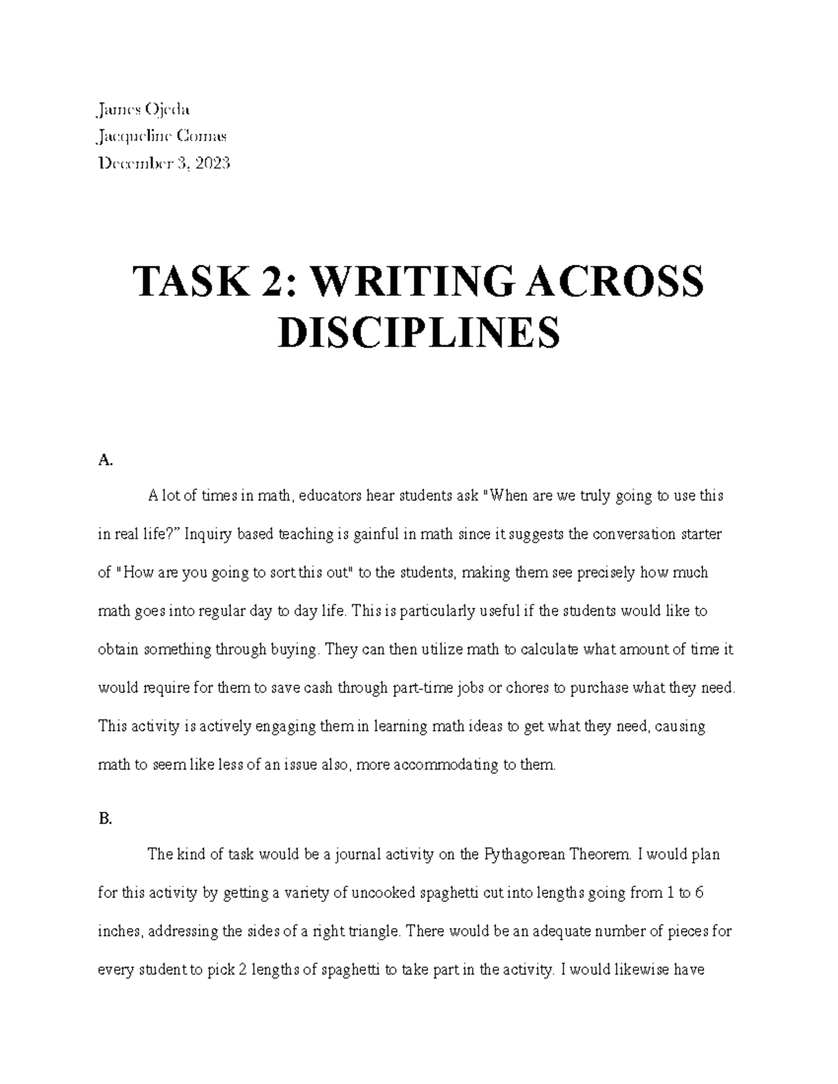 TASK 2 - Writing Across Disciplines - James Ojeda Jacqueline Comas ...