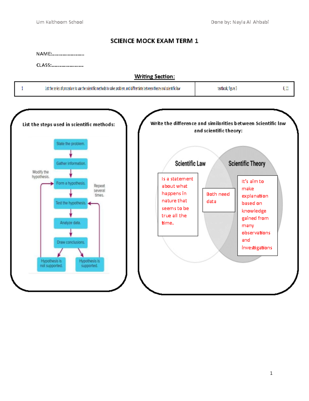 Science MOCK EXAM TERM 1 answers - SCIENCE MOCK EXAM TERM 1 NAME