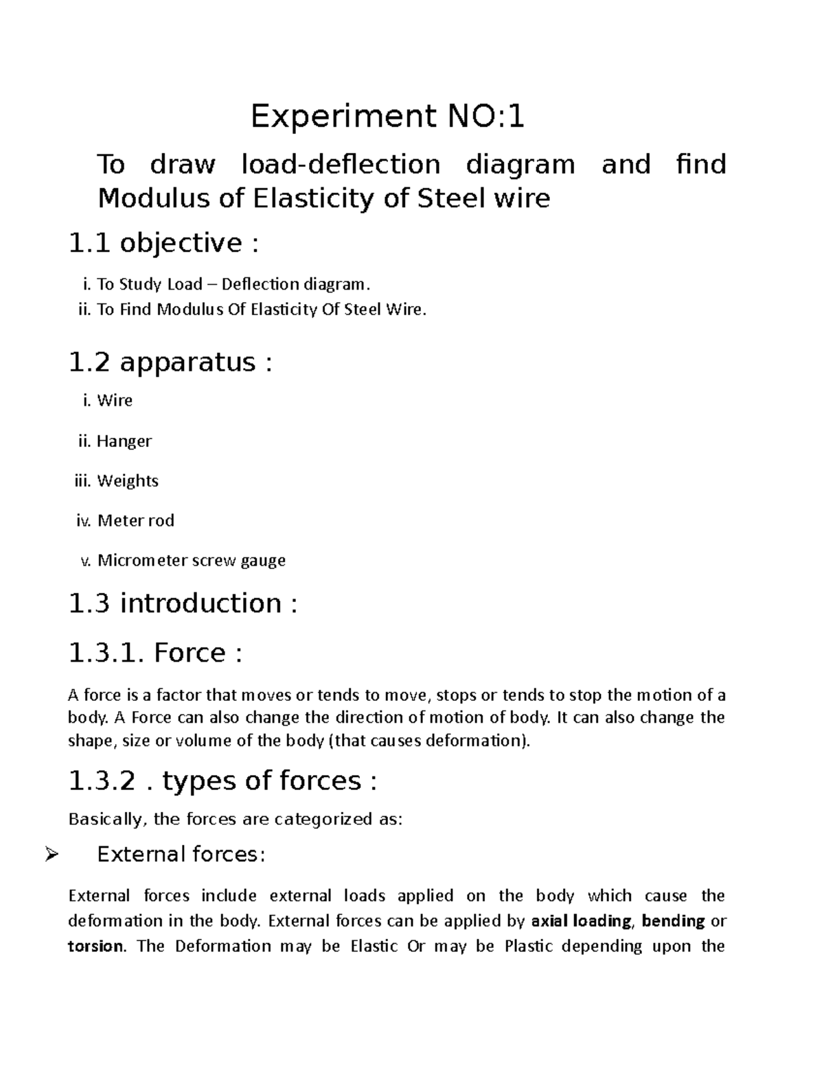 Experiment no. 1 - To Draw Load Deflection Digram And Find Modulus of ...