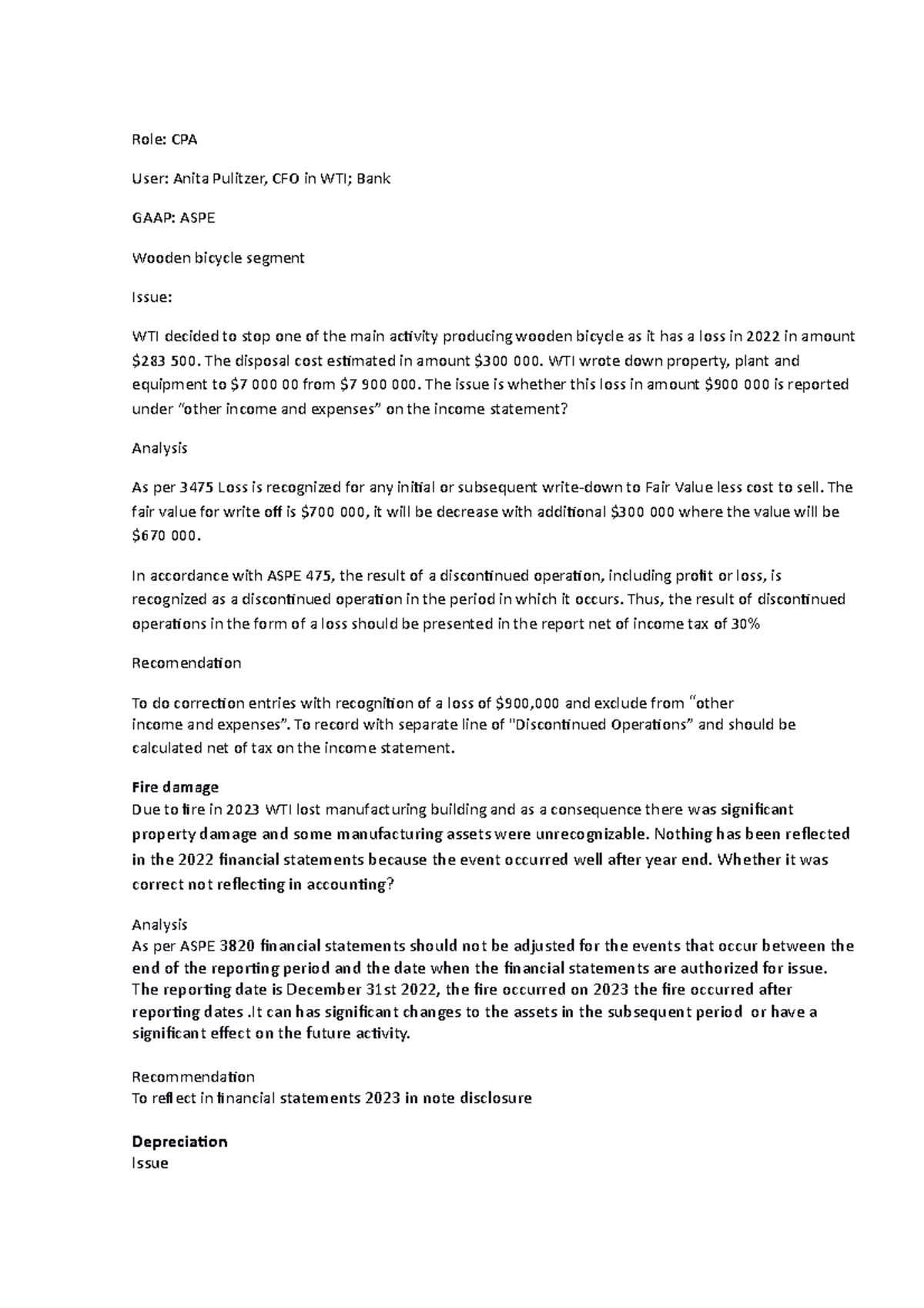 IP7 - CPA Core 1 - Role: CPA User: Anita Pulitzer, CFO in WTI; Bank ...