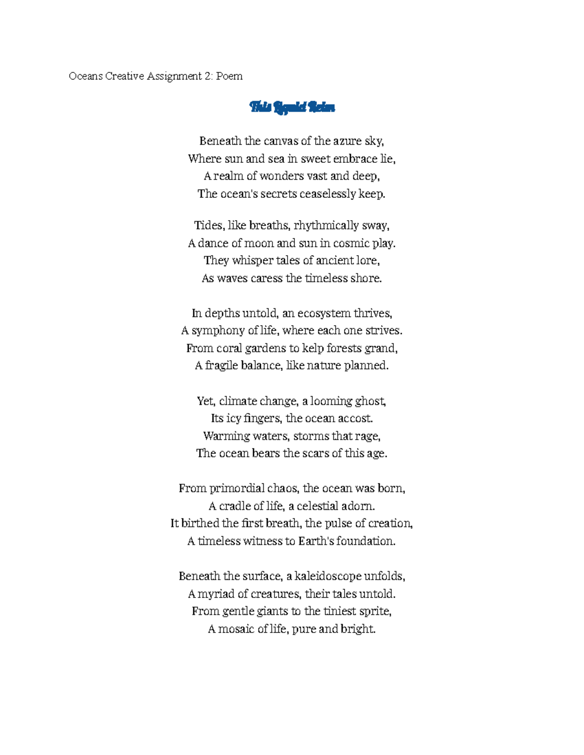 Oceans creative assignment 2 poem - Oceans Creative Assignment 2: Poem ...