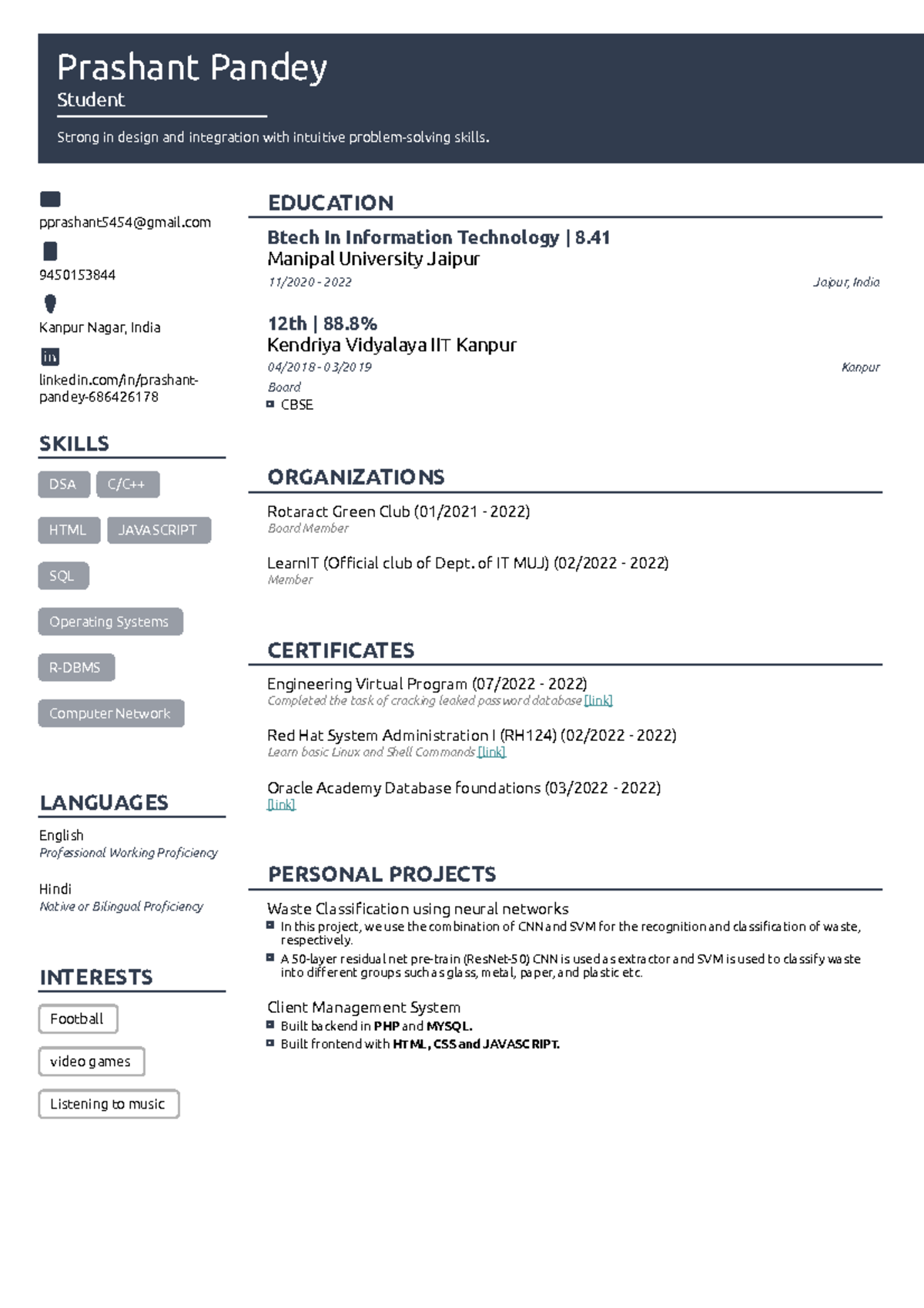 Prashant's Resume - Good - Prashant Pandey Student Strong in design and ...