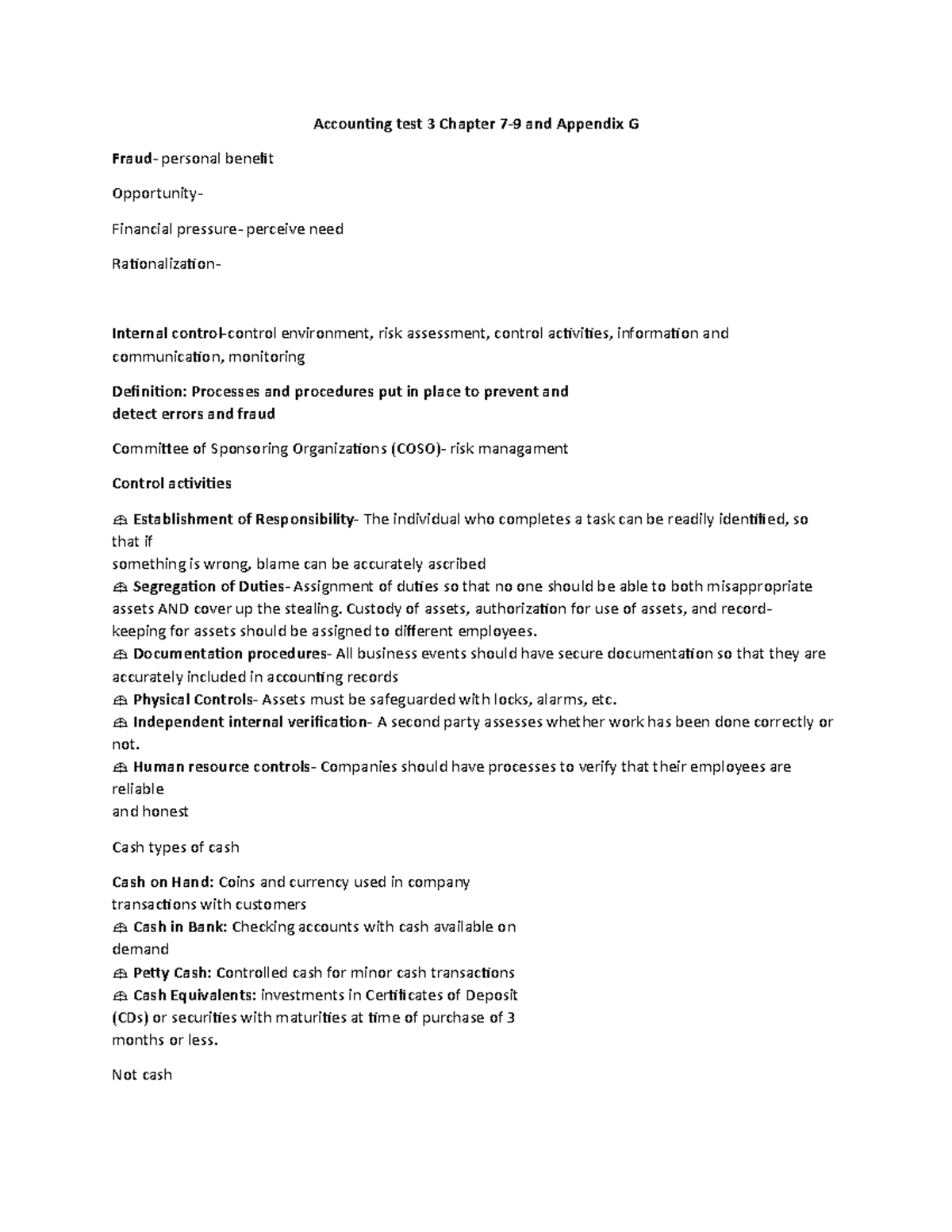Test 3 accounting - Accounting test 3 Chapter 7-9 and Appendix G Fraud ...