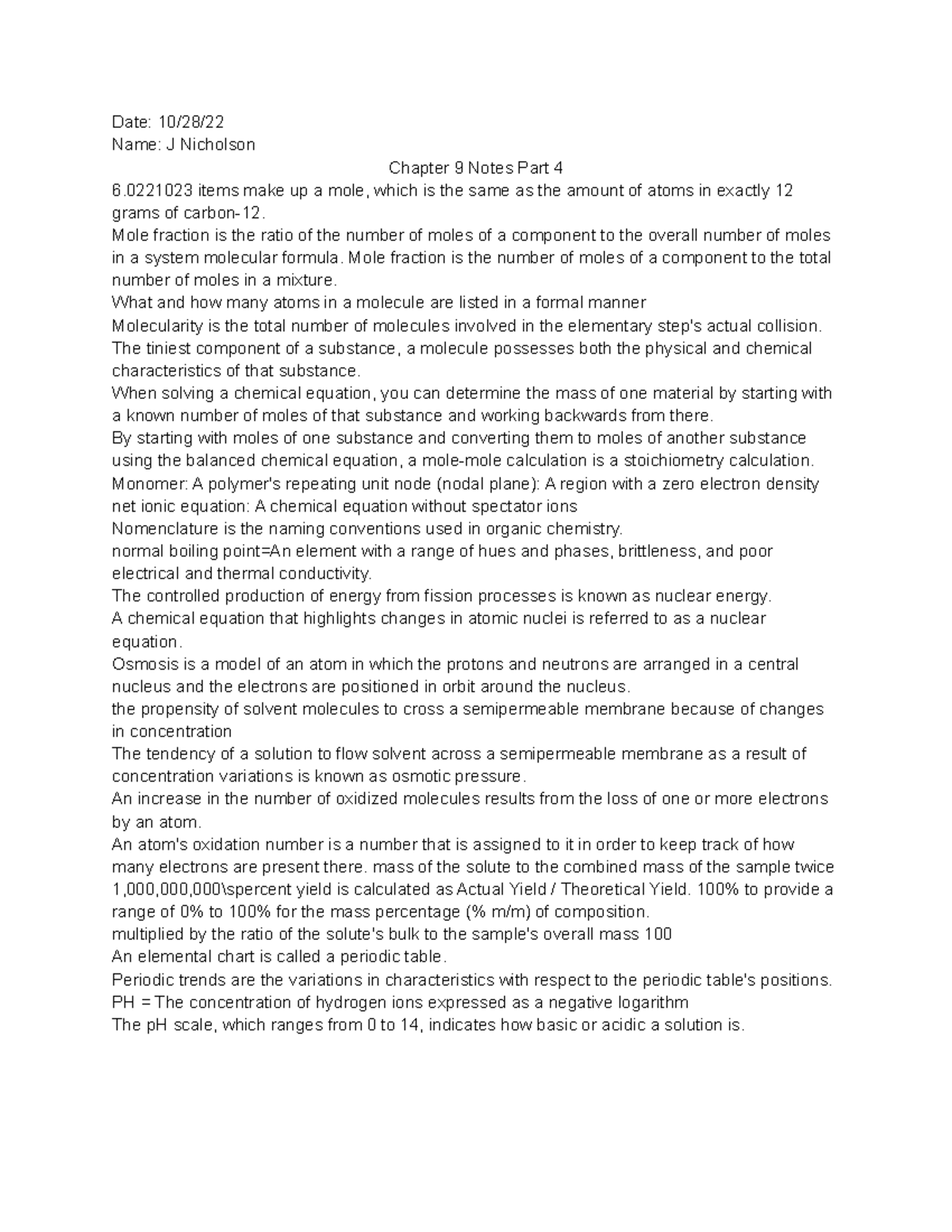 Chem Chapter 9 Notes Part 4 - Date: 10/28/ Name: J Nicholson Chapter 9 ...