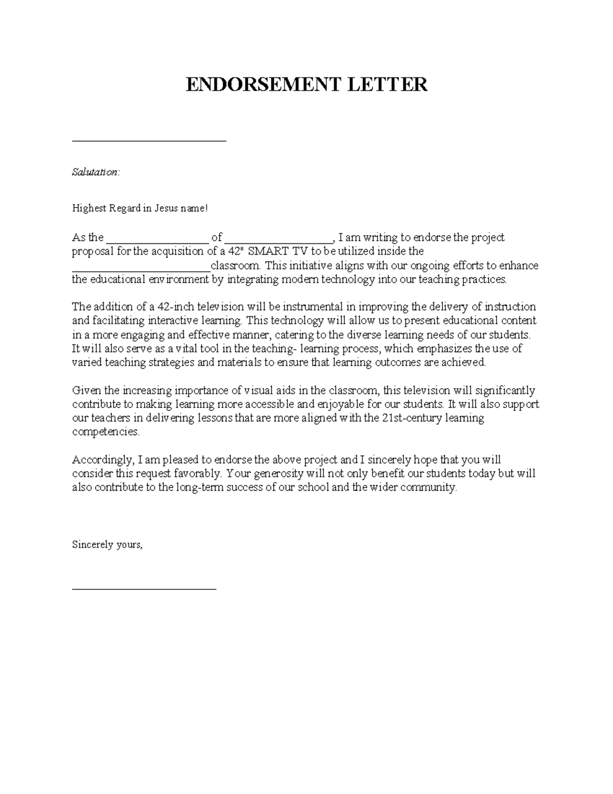 Endorsement Letter - ENDORSEMENT LETTER ...