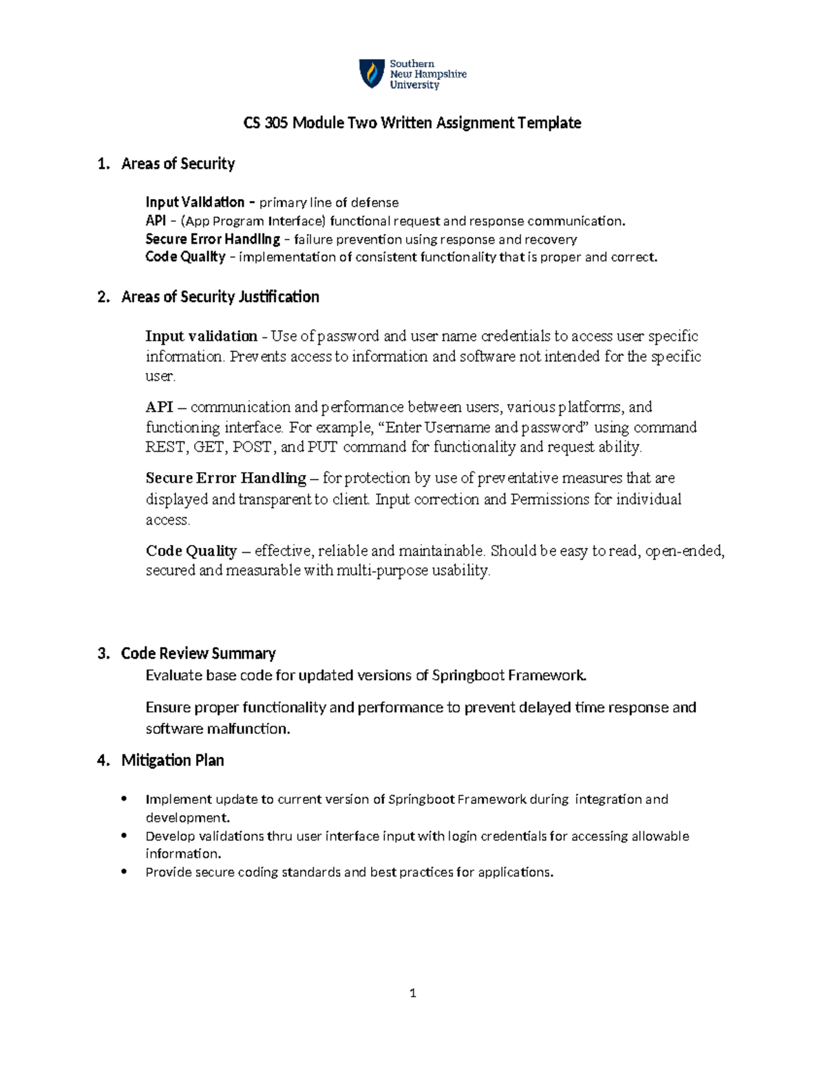 Module Two Code Review and Mitigation - CS 305 Module Two Written Assignment Template 1. Areas ...