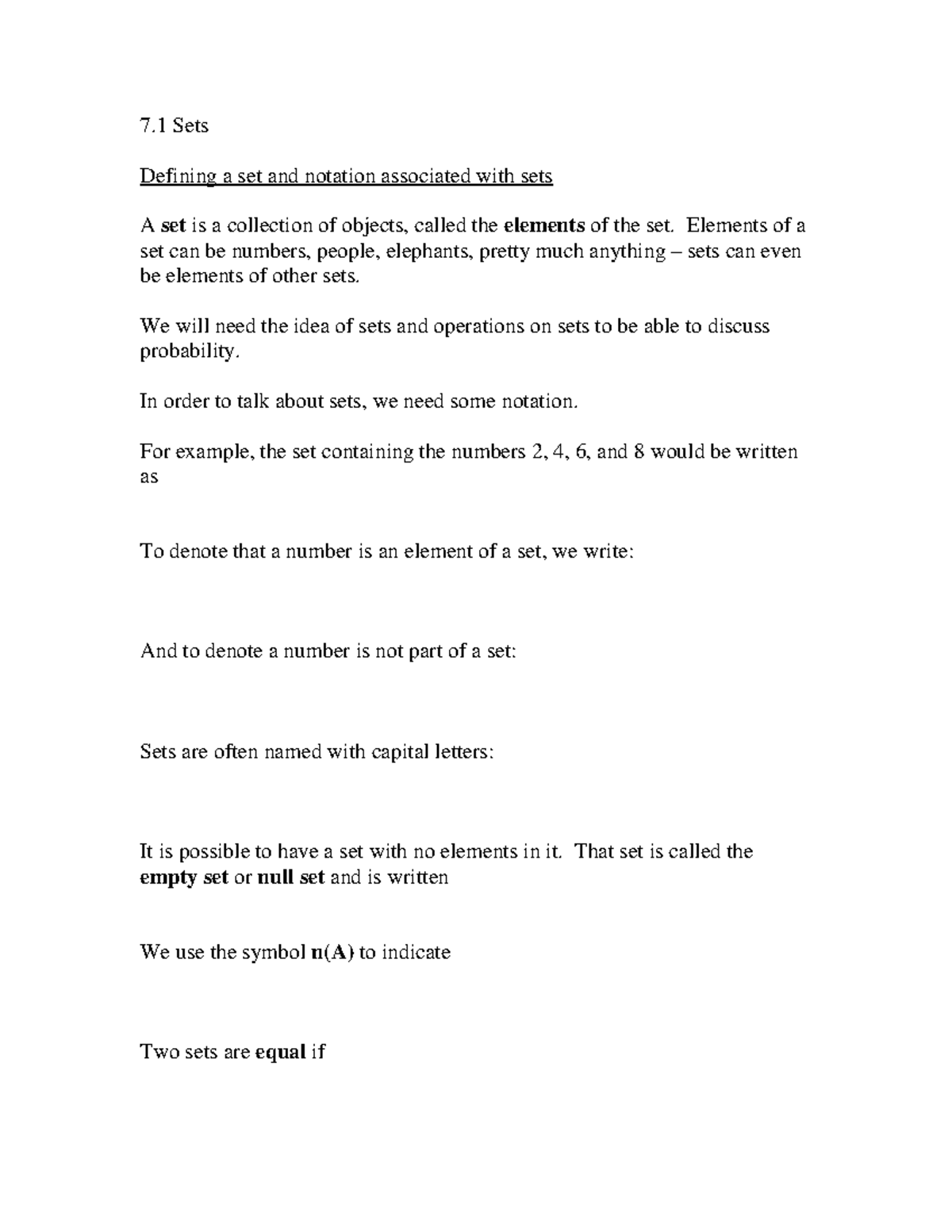 7.1 Sets in Class Worksheet - 7 Sets Defining a set and notation ...