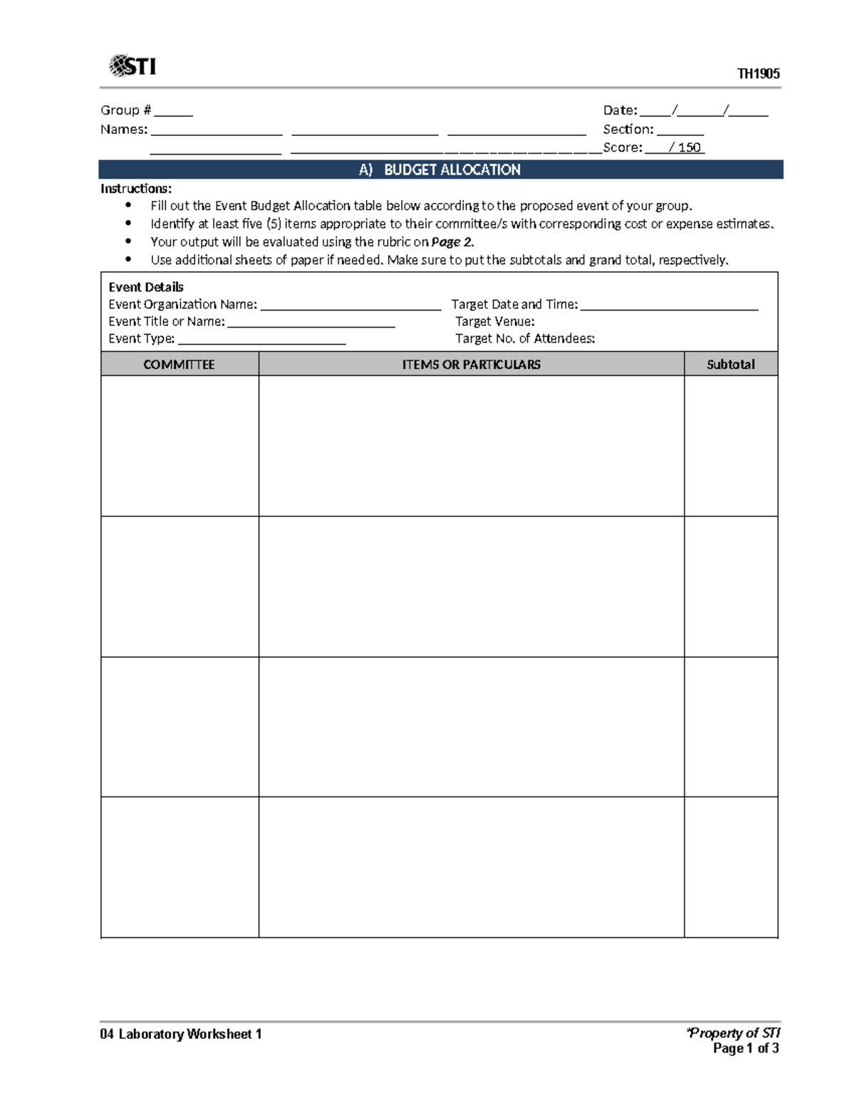 04 Laboratory Worksheet 1 - TH 04 Laboratory Worksheet 1 *Property of ...