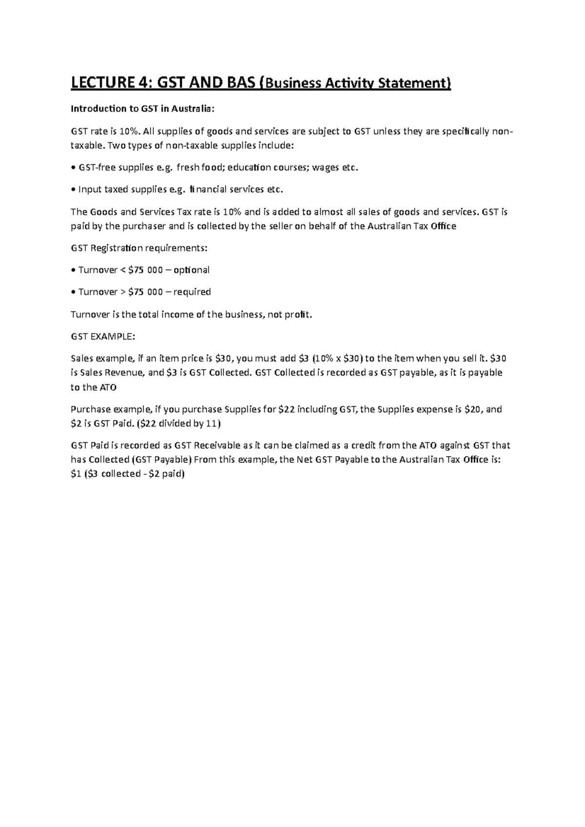 Lecture 4- GST AND BAS - LECTURE 4: GST AND BAS (Business Activity ...