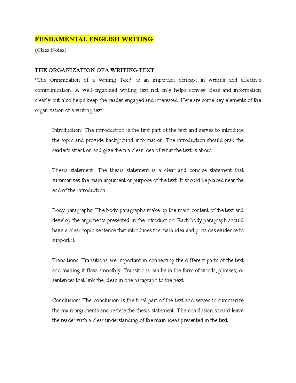 Writing Text, Class Notes of Fundamental English Writing - FUNDAMENTAL ...
