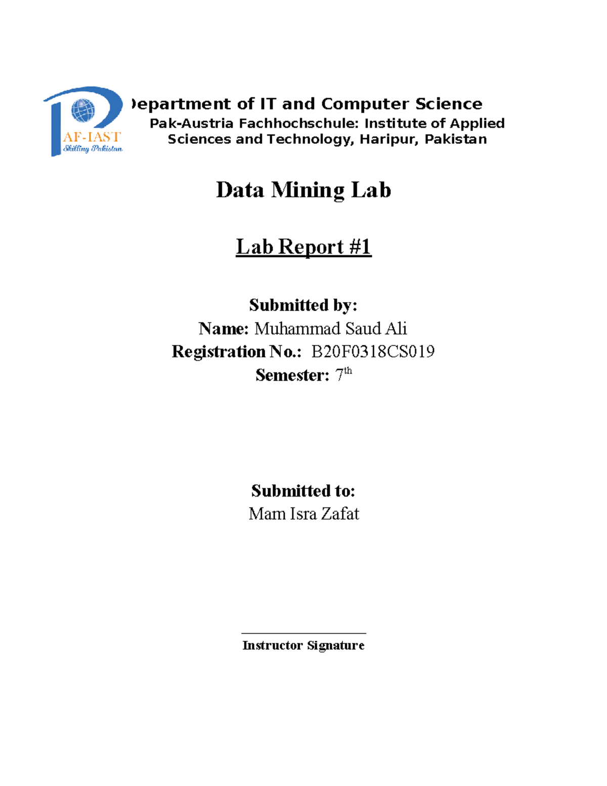DM-Lab Report-01 - Department of IT and Computer Science Pak-Austria Fachhochschule: Institute ...