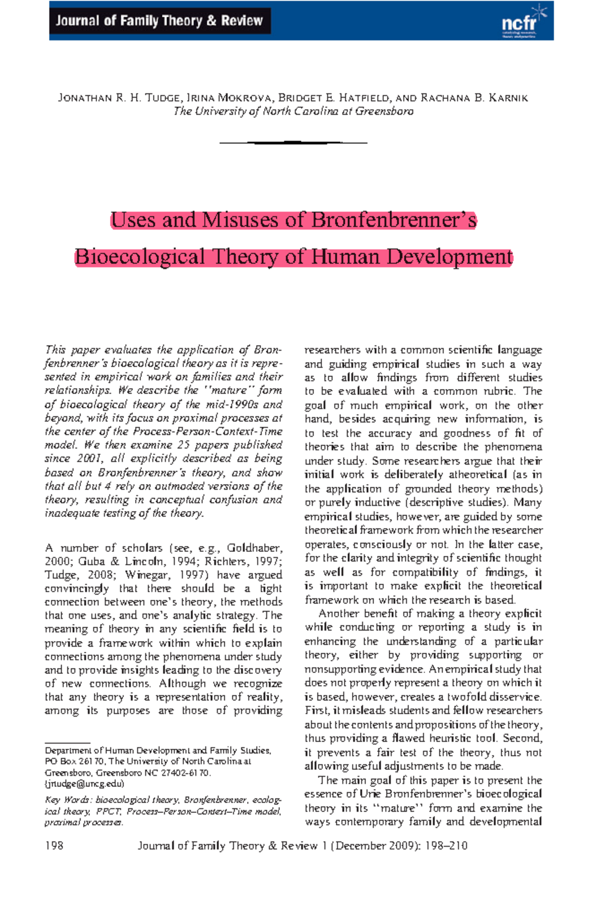 Bronfenbrenner uses and misuses - J ONATHAN R. H. TUDGE, IRINA M OKROVA ...
