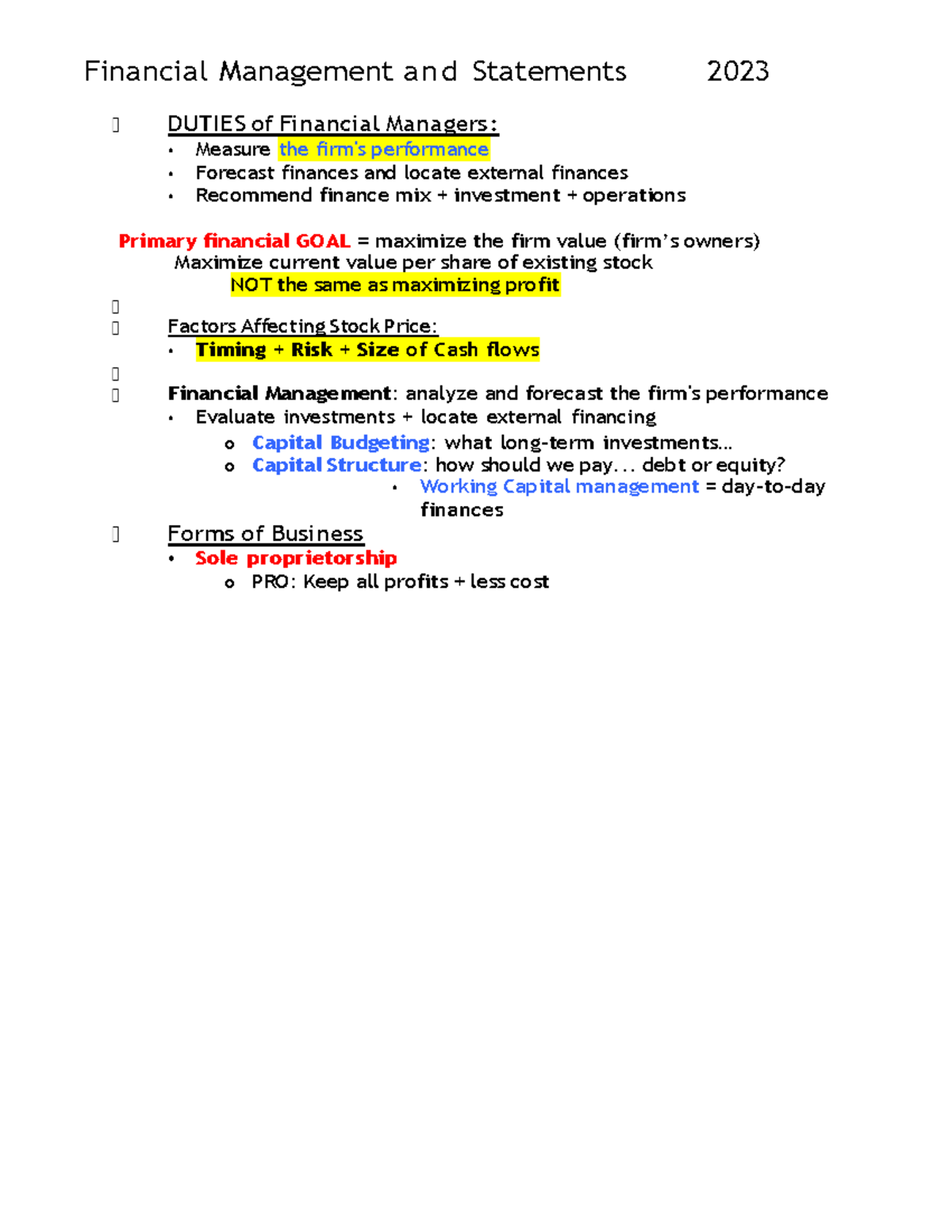 Financial Management and Statements 2023 - .. o Capital Structure: how ...