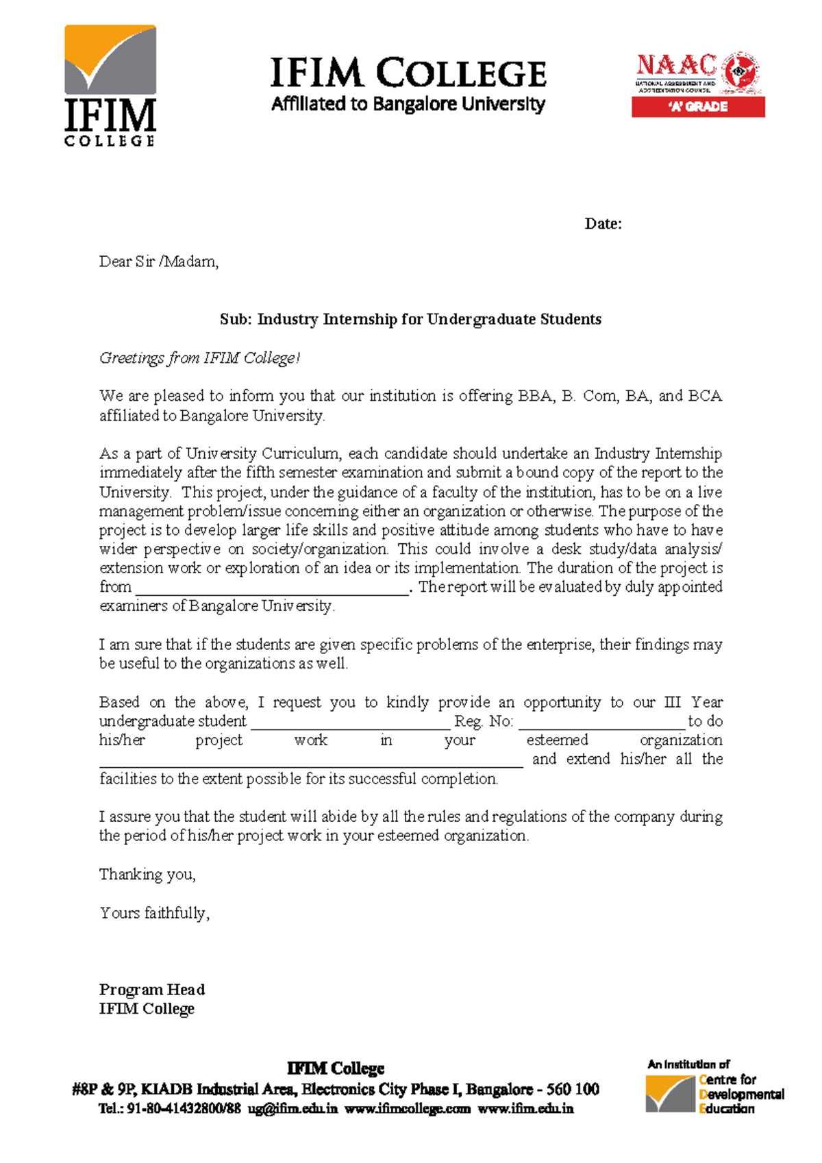 IFIM Intership Permission Letter - UG - Date: Dear Sir /Madam, Sub ...