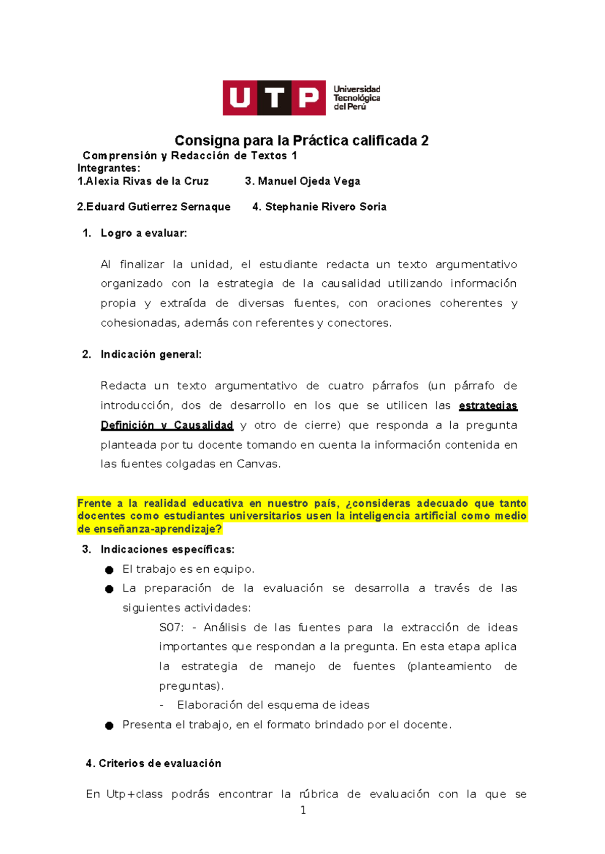 U4 GC N01I PC2Consigna 24V-1 - Consigna para la Práctica calificada 2 Comprensión y Redacción de ...